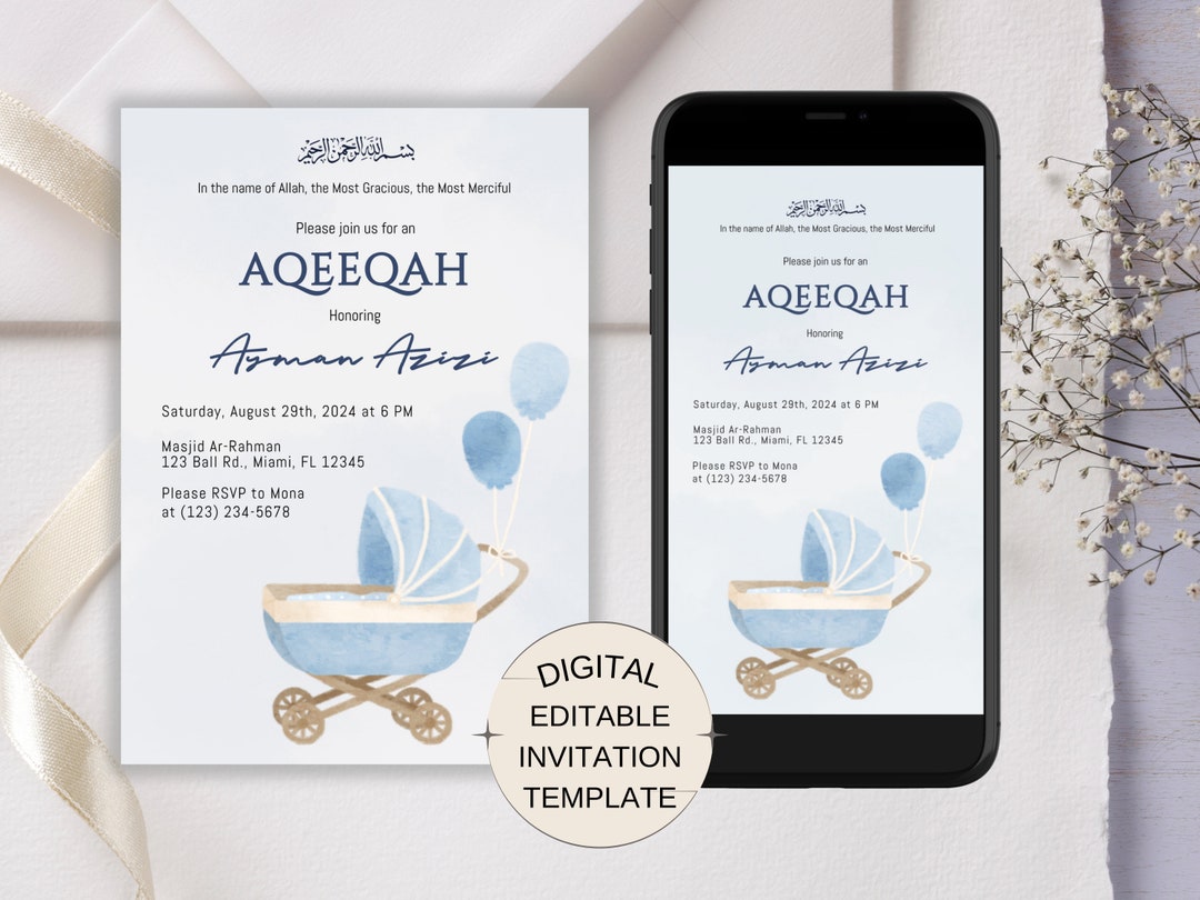 Baby Boy Aqeeqah Invitation, Muslim Baby Shower Evite, Islamic Baby ...