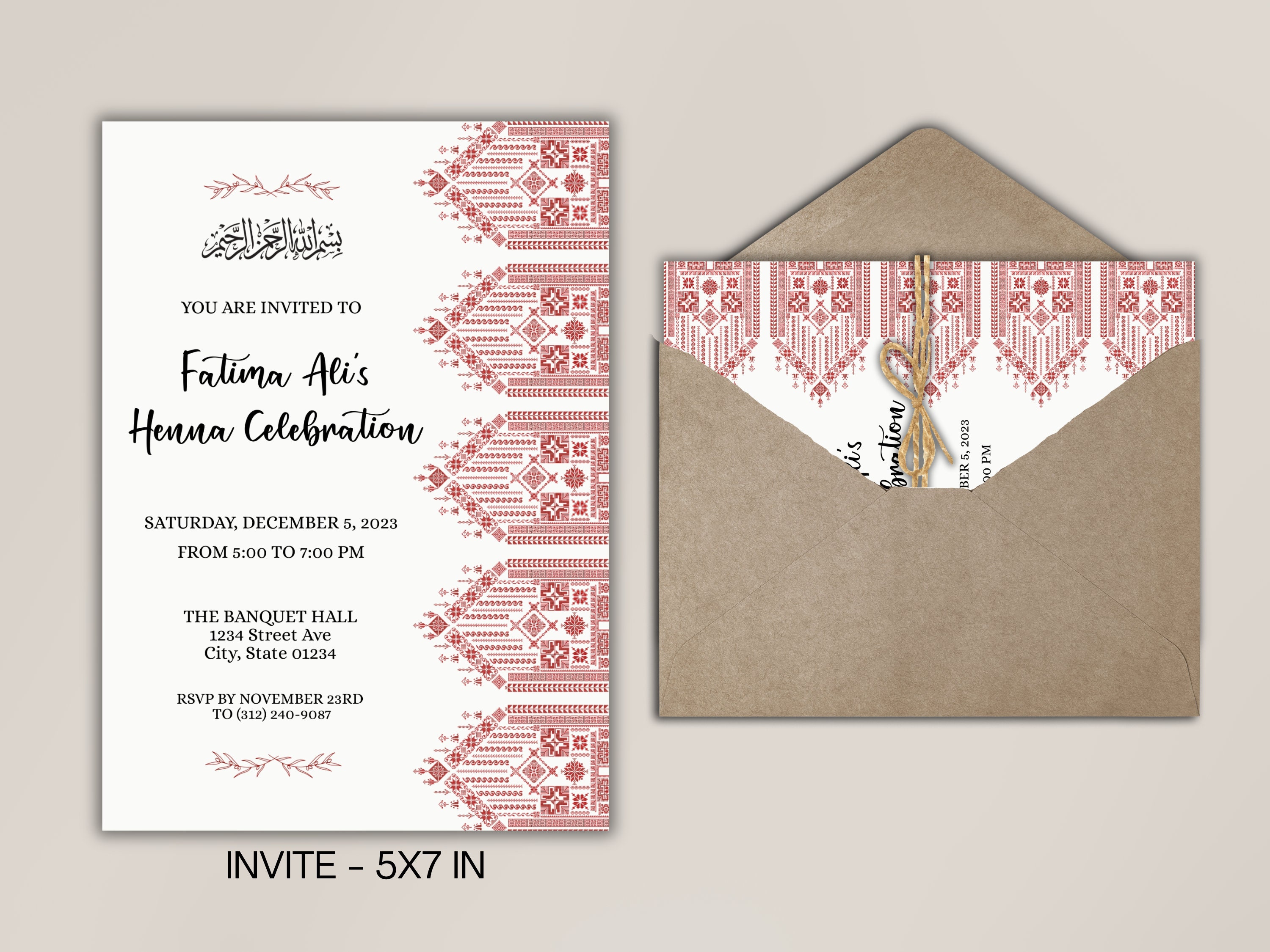 Red Tatreez Henna Party Invitation, Palestinian Henna Mehndi Muslim ...