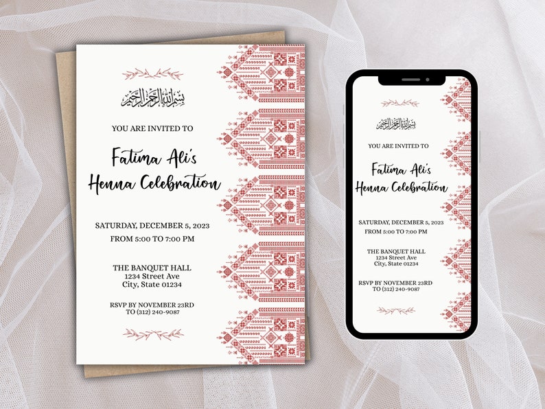 Red Tatreez Henna Party Invitation, Palestinian Henna Mehndi Muslim ...