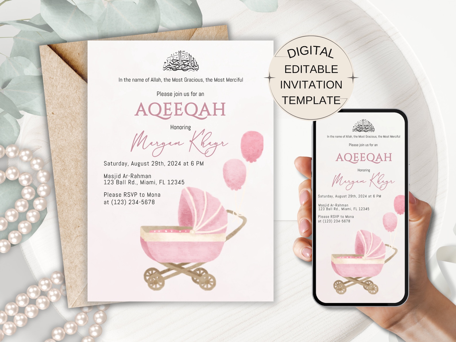 Baby Girl Aqeeqah Invitation, Muslim Baby Shower Evite Islamic Baby ...