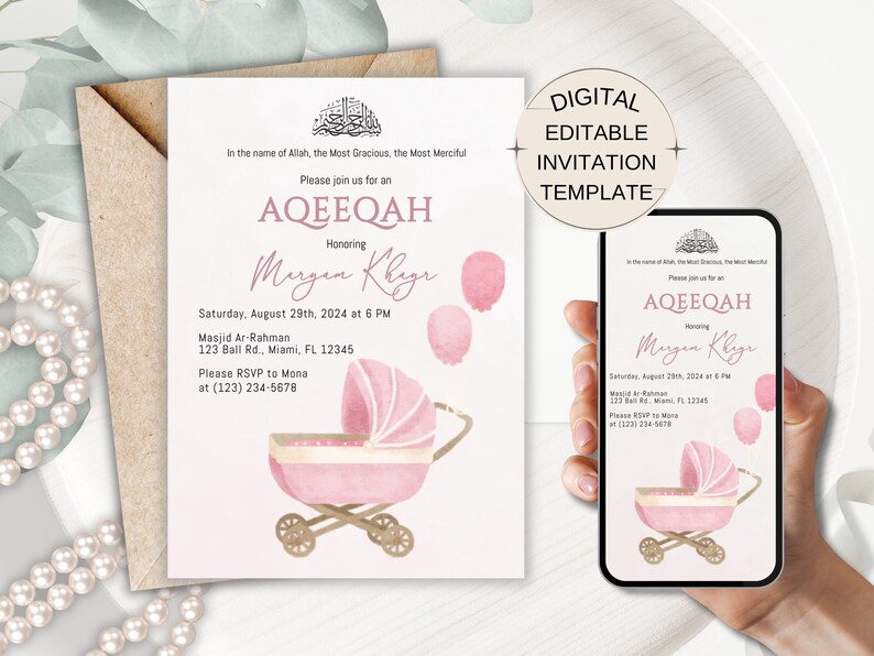 Baby Girl Aqeeqah Invitation, Muslim Baby Shower Evite Islamic Baby ...