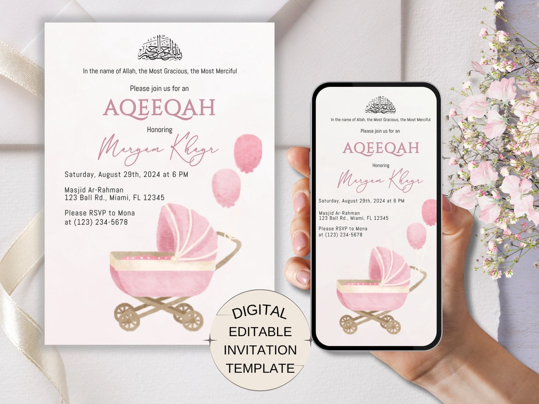 Baby Girl Aqeeqah Invitation, Muslim Baby Shower Evite Islamic Baby ...
