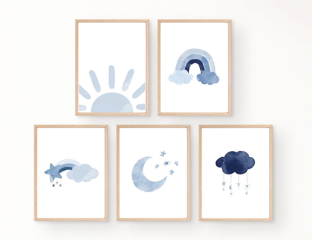Blue Boho Boy Nursery Wall Art, Baby Boy Wall Art, Sun, Moon, Cloud ...