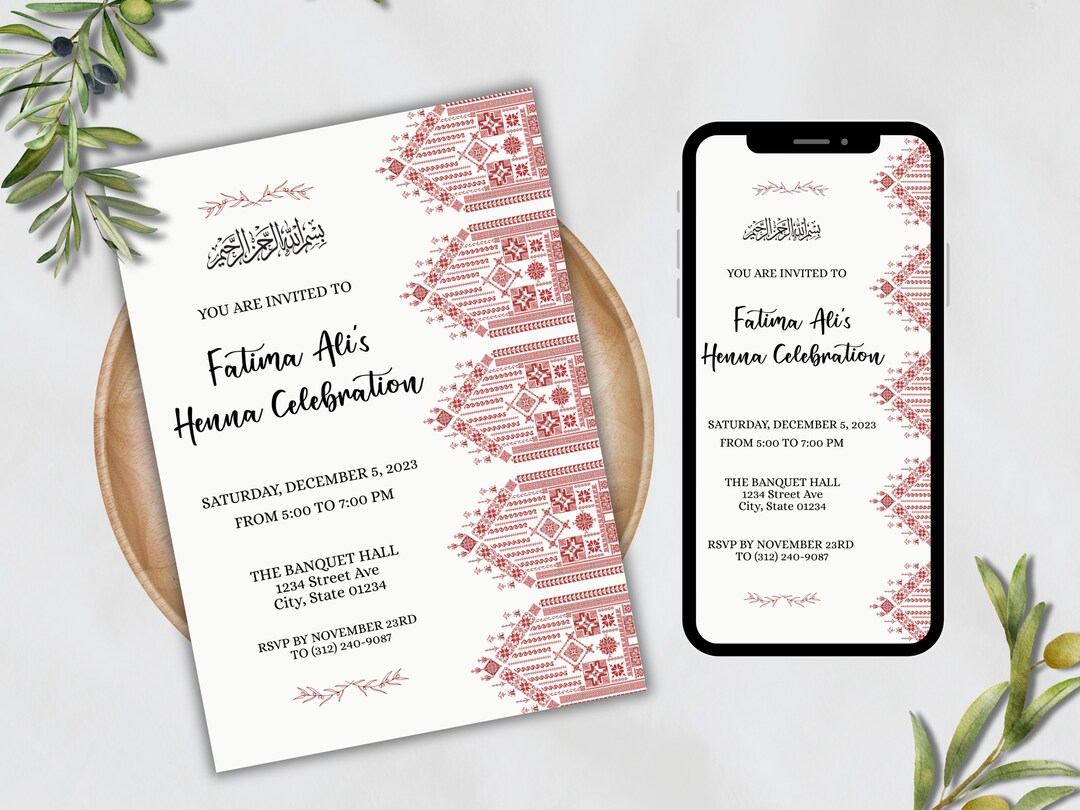 Red Tatreez Henna Party Invitation, Palestinian Henna Mehndi Muslim ...