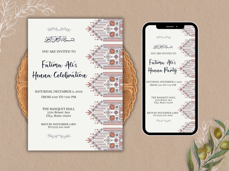 Palestine Tatreez Henna Party Invitation, Henna Mehndi Muslim Wedding ...