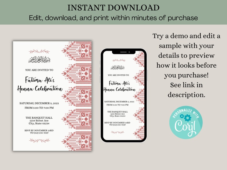 Red Tatreez Henna Party Invitation, Palestinian Henna Mehndi Muslim ...