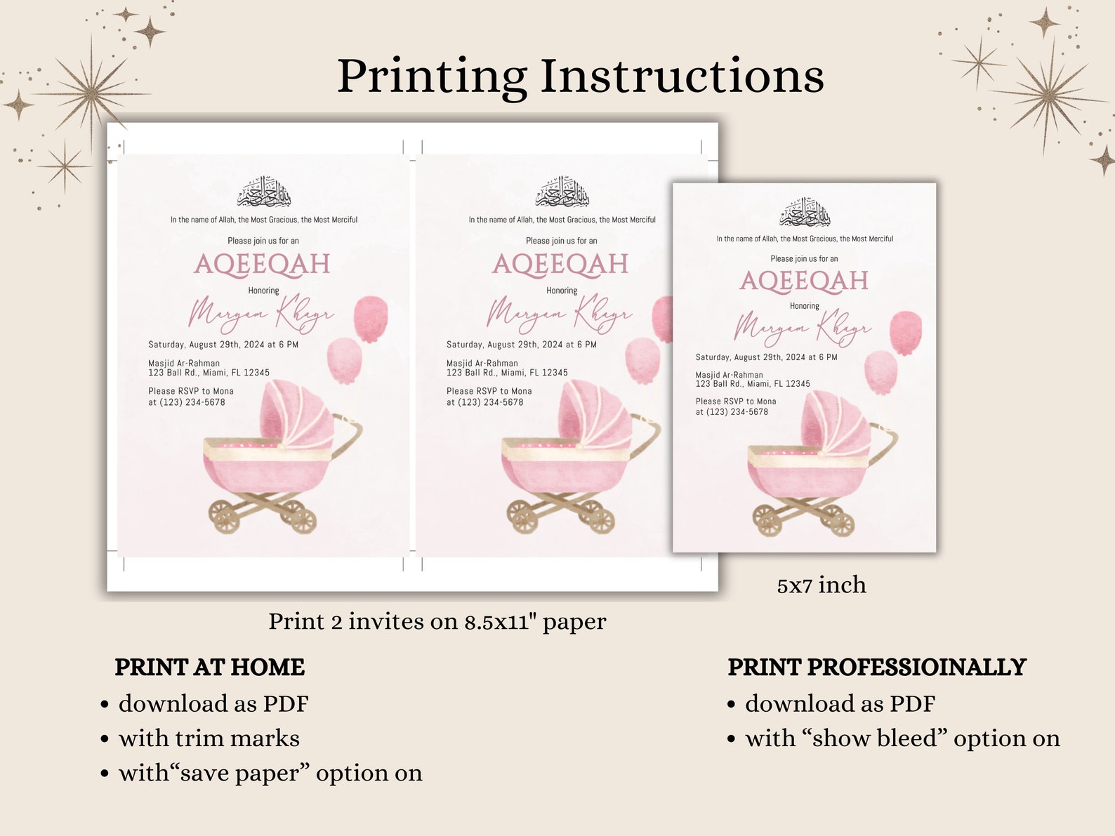 Baby Girl Aqeeqah Invitation, Muslim Baby Shower Evite Islamic Baby ...