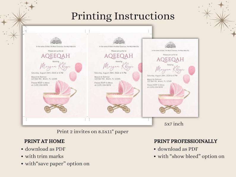 Baby Girl Aqeeqah Invitation, Muslim Baby Shower Evite Islamic Baby ...