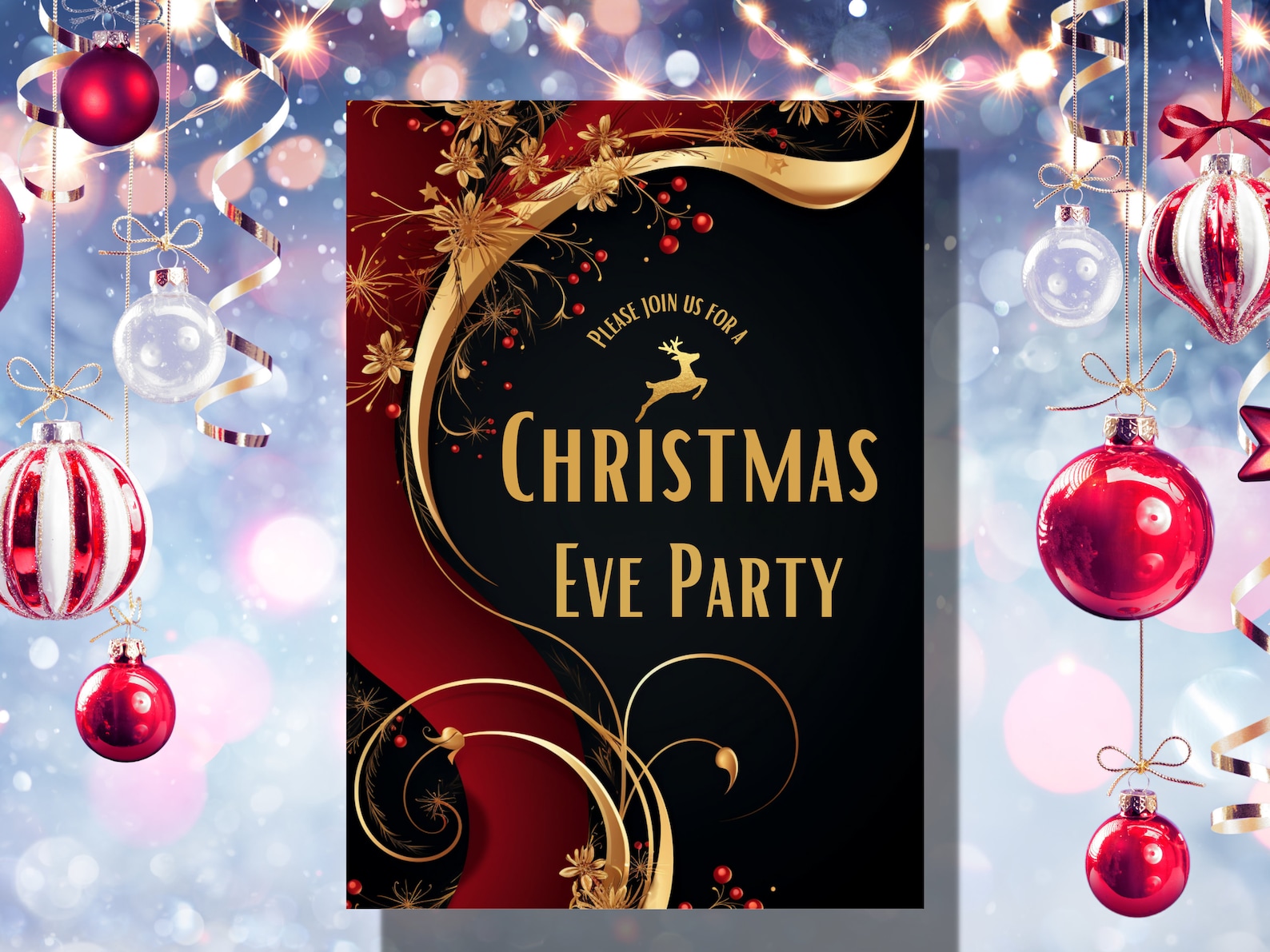 Editable Christmas Eve Party Invitation stunning Red and Gold Edit in ...