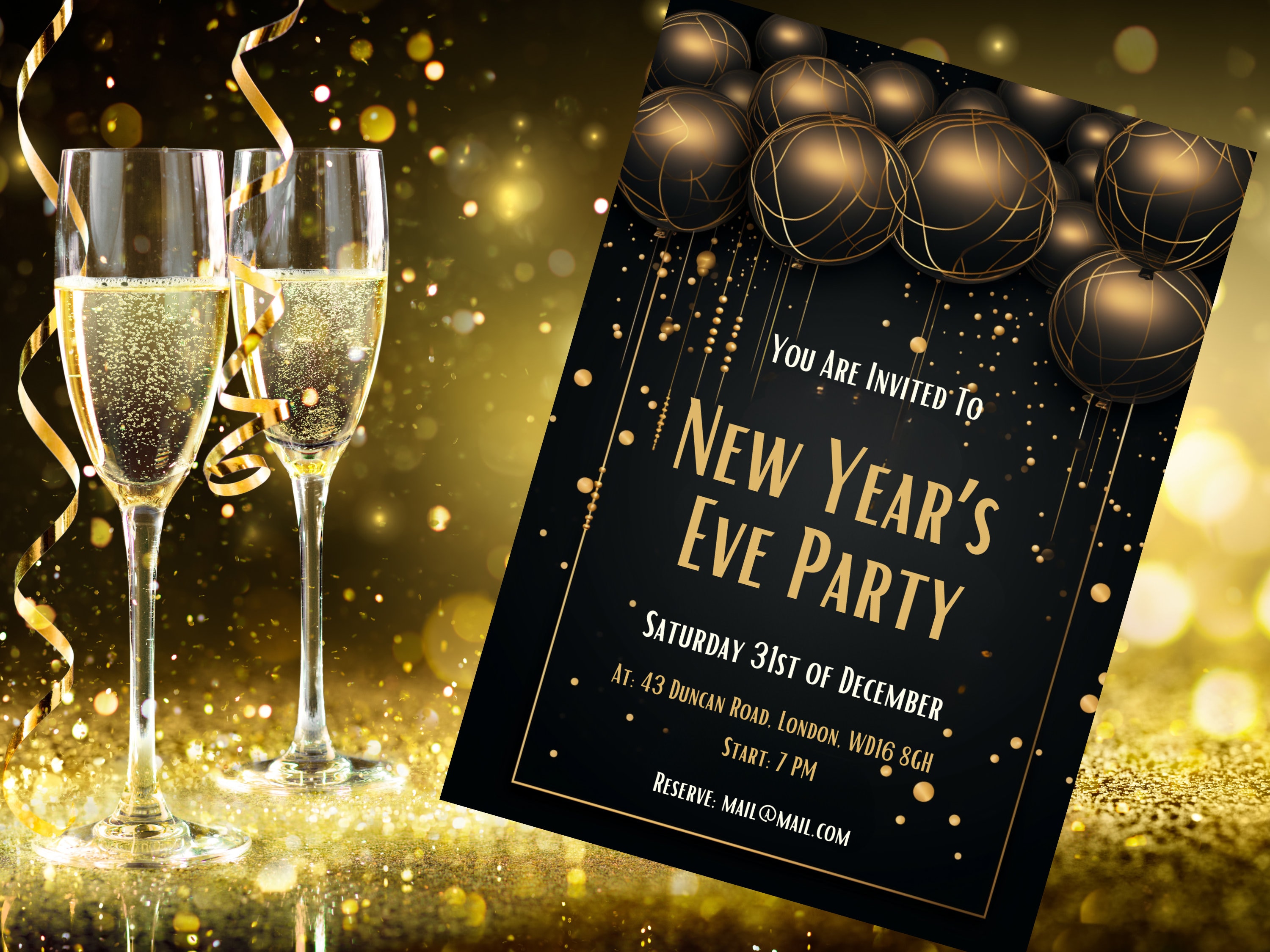 New Year's Eve Black and Gold Party Invitation Editable - Etsy