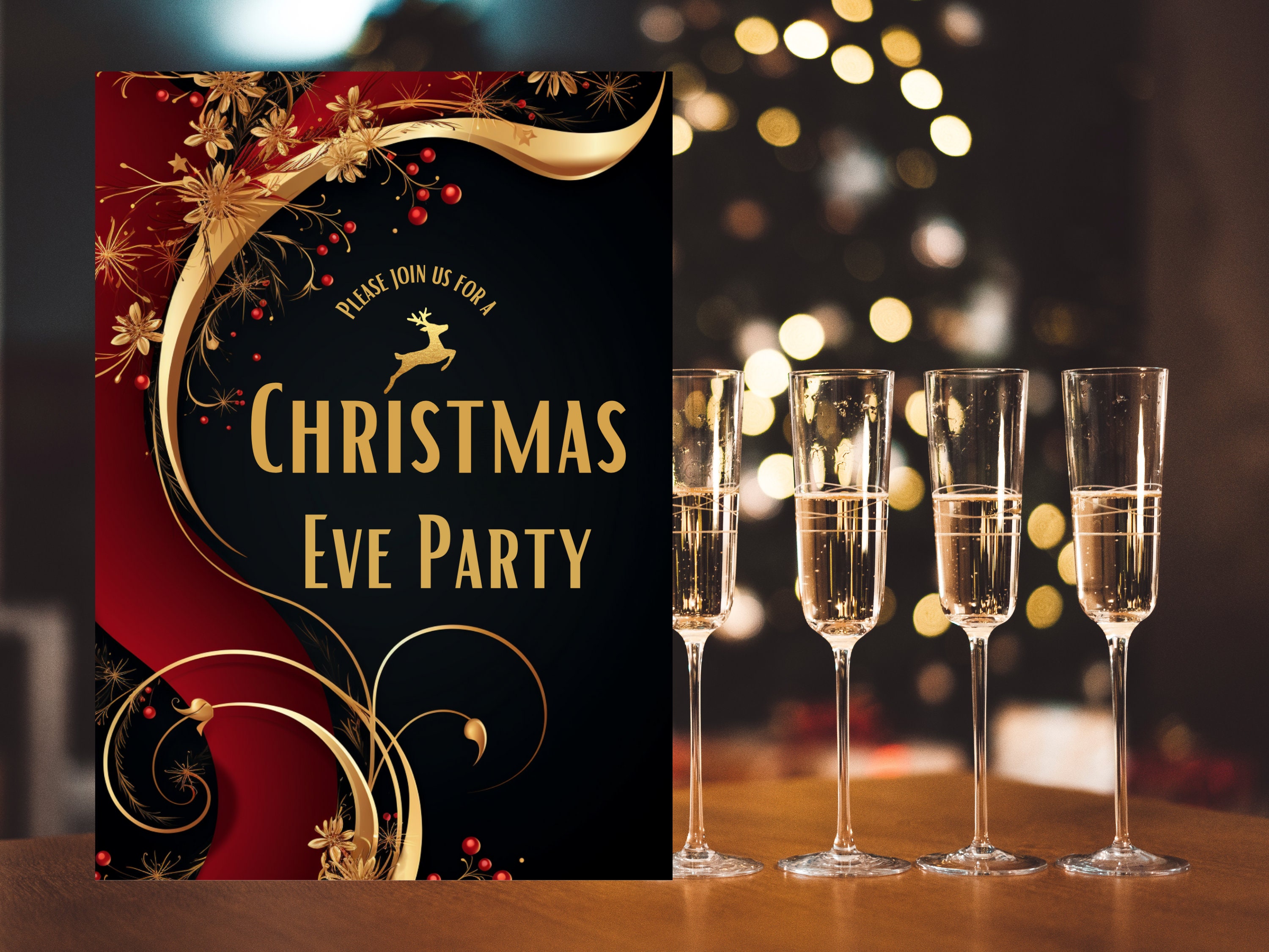 Editable Christmas Eve Party Invitation stunning Red and Gold Edit in ...