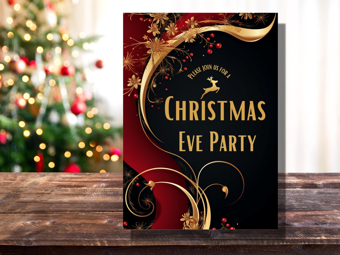 Editable Christmas Eve Party Invitation stunning Red and Gold Edit in ...
