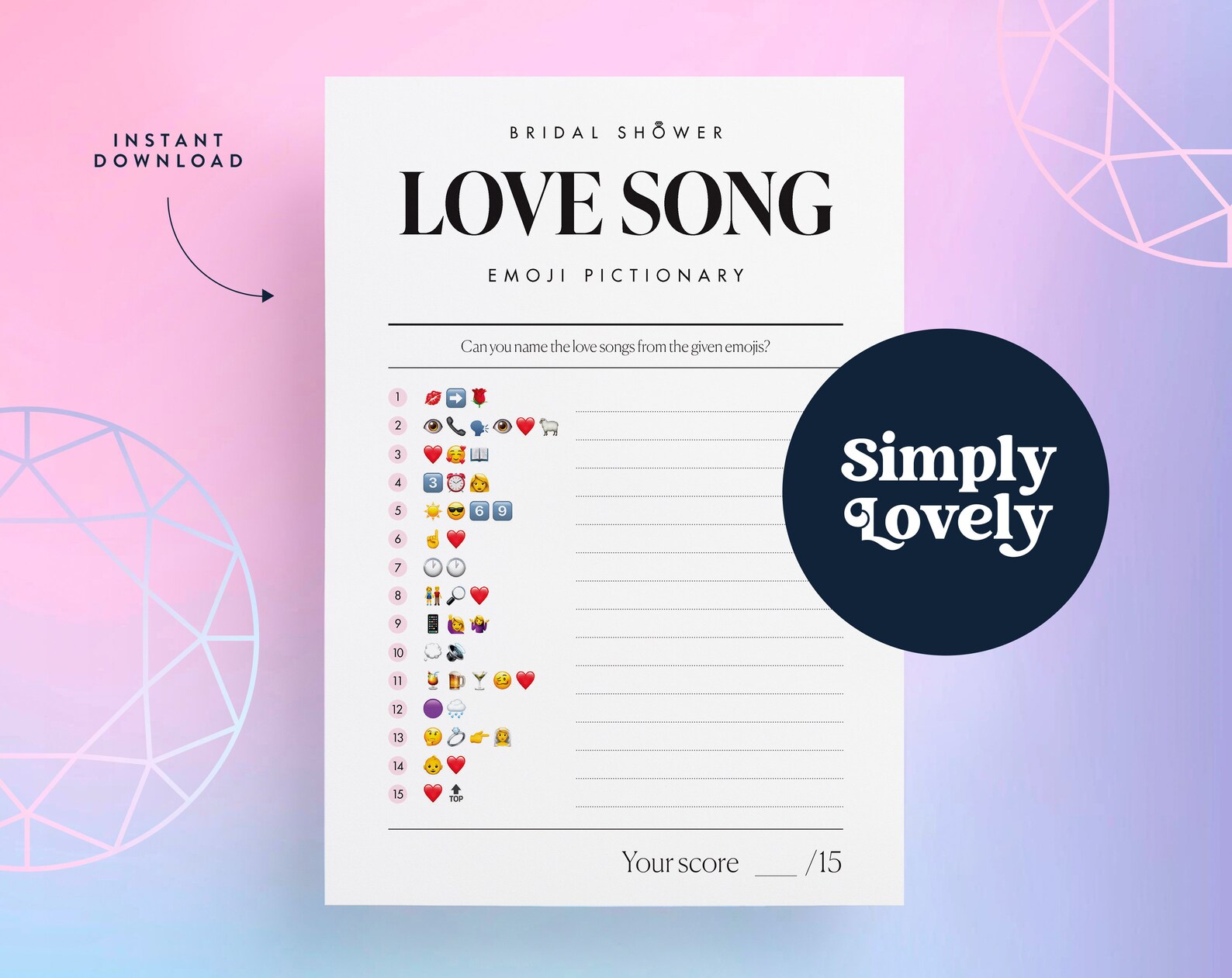 Bridal Shower Love Song Emoji Pictionary Game | Modern Shower Games ...