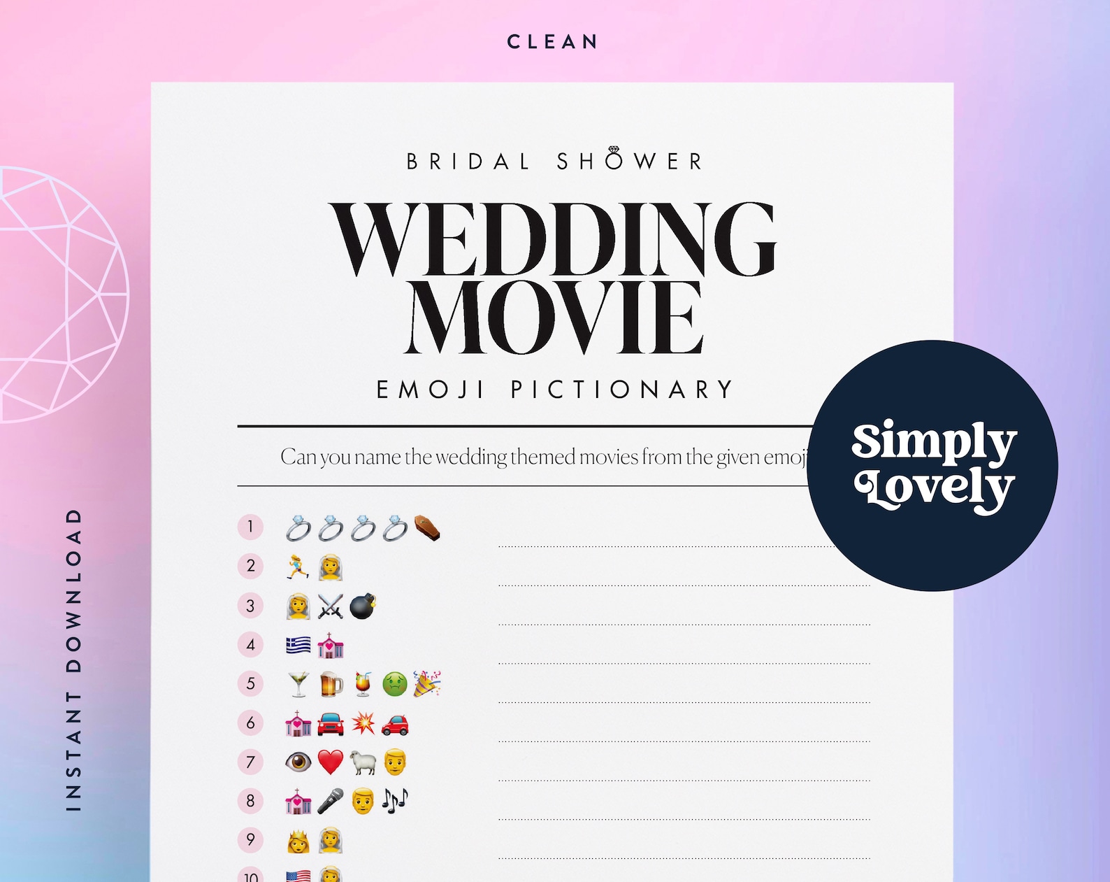 Bridal Shower Wedding Movies Emoji Pictionary Game | Modern Shower ...