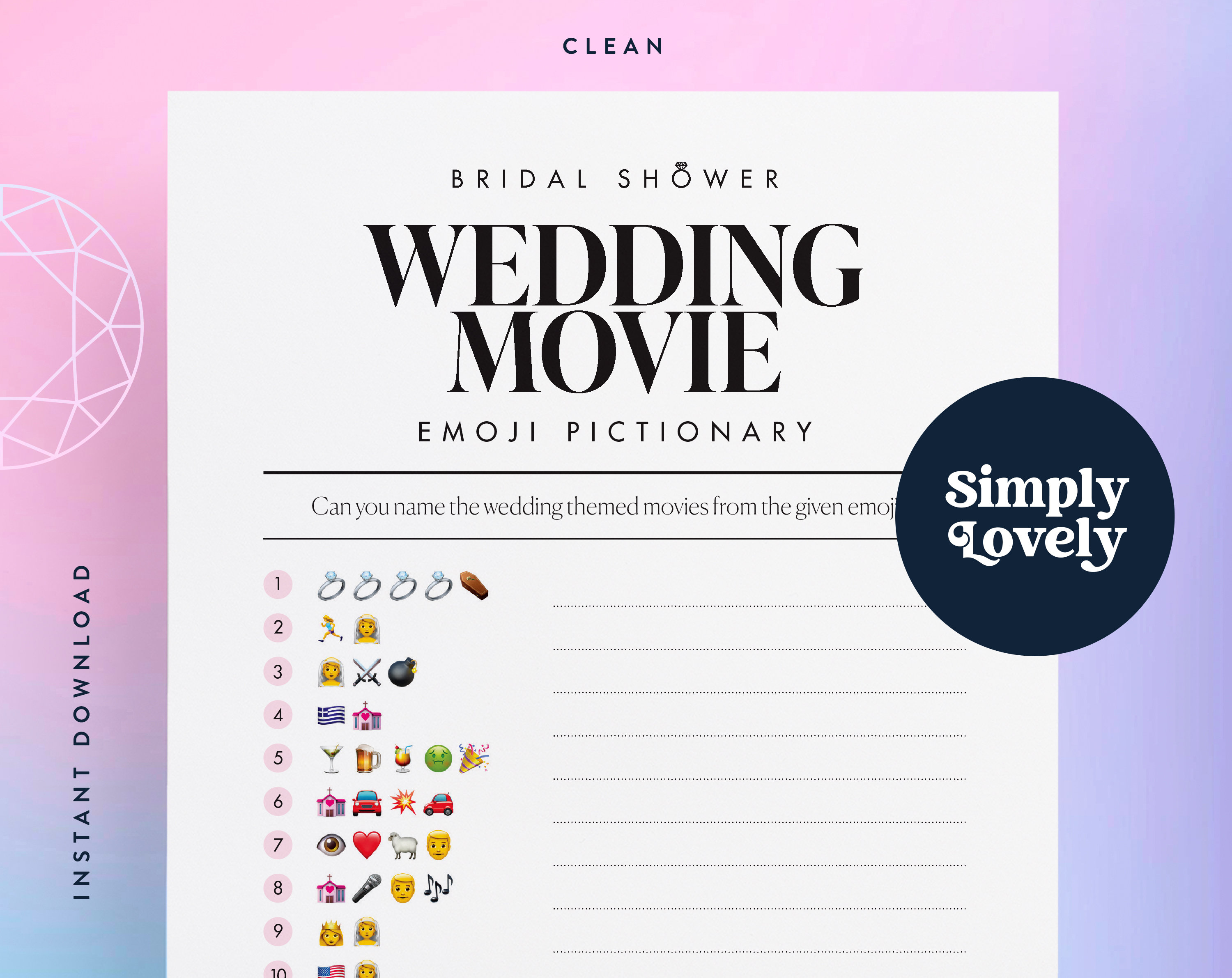 Bridal Shower Wedding Movies Emoji Pictionary Game | Modern Shower ...