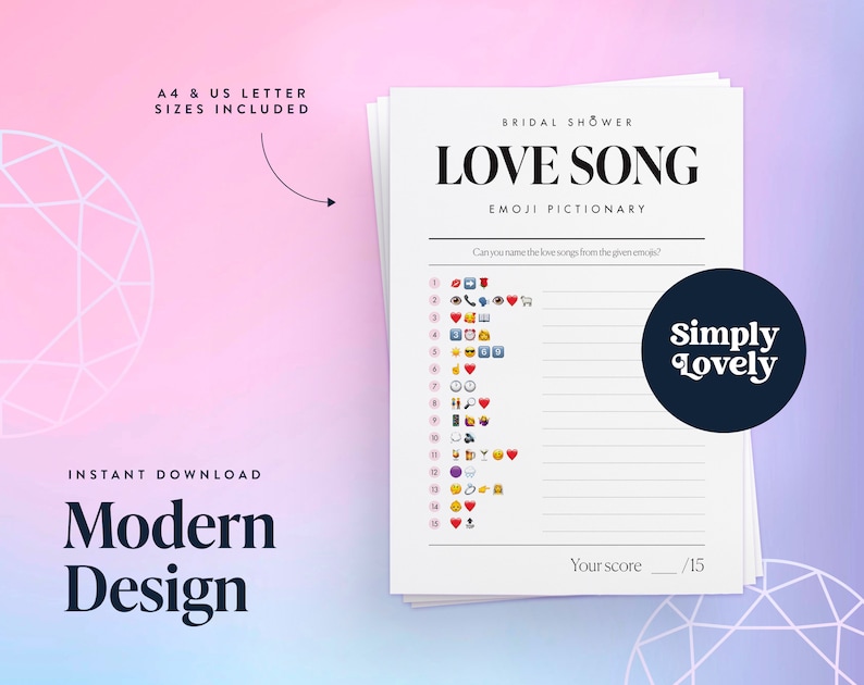 Bridal Shower Love Song Emoji Pictionary Game | Modern Shower Games ...
