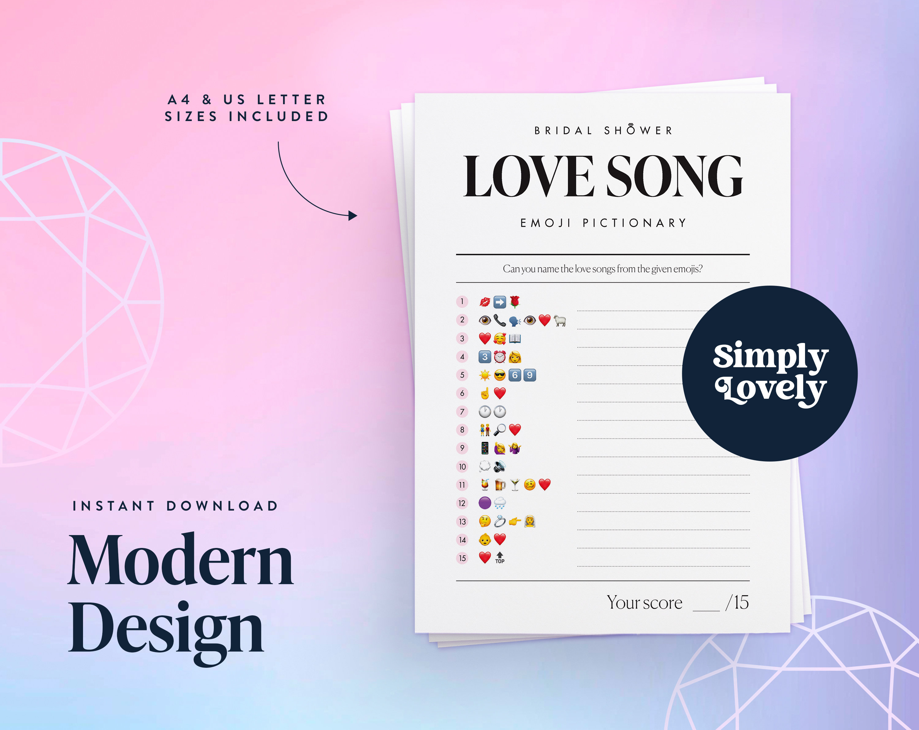 Bridal Shower Love Song Emoji Pictionary Game | Modern Shower Games ...