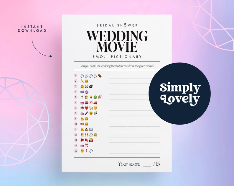 Bridal Shower Wedding Movies Emoji Pictionary Game | Modern Shower ...