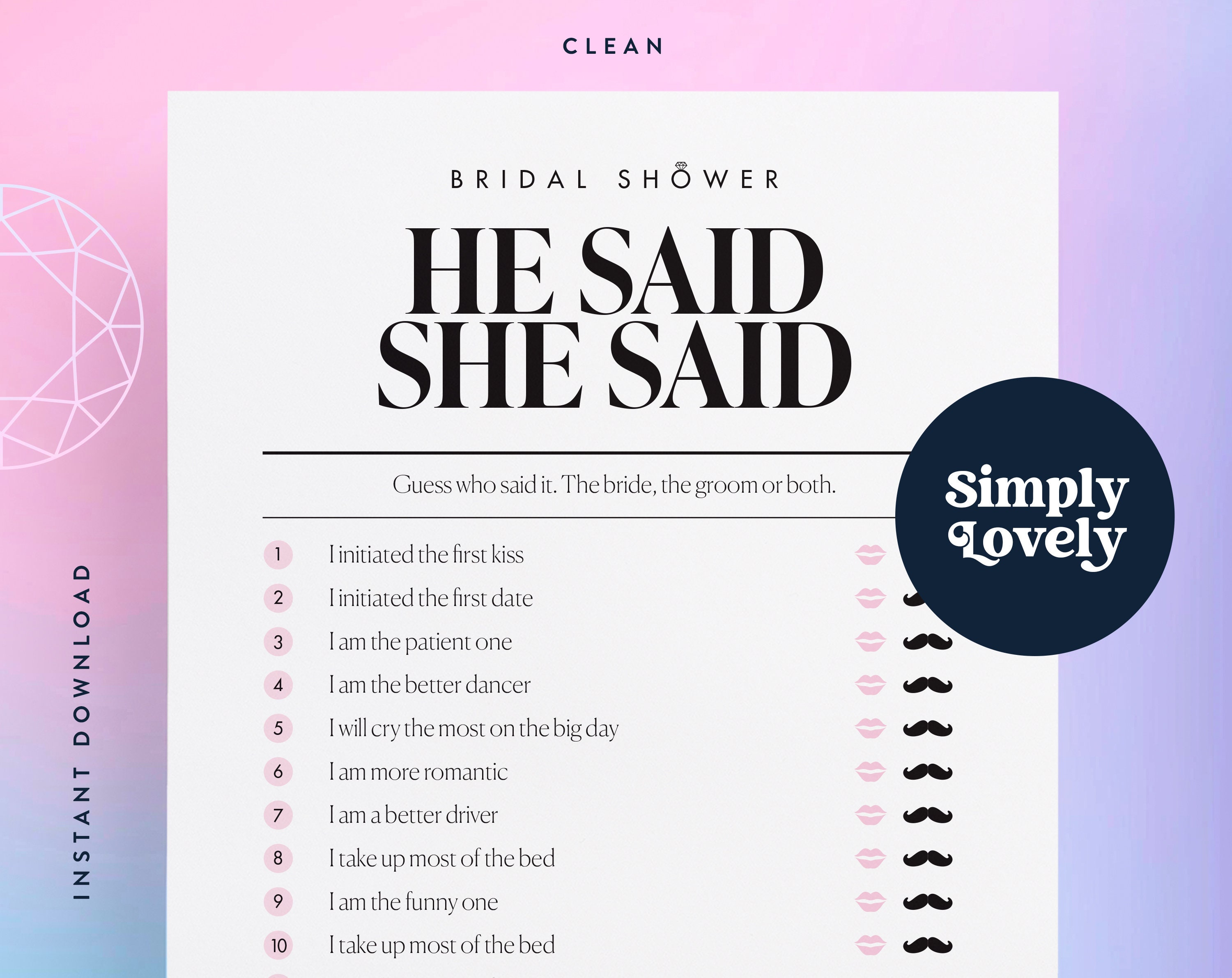 Bridal Shower He Said She Said Game | Modern Bridal Shower Game ...