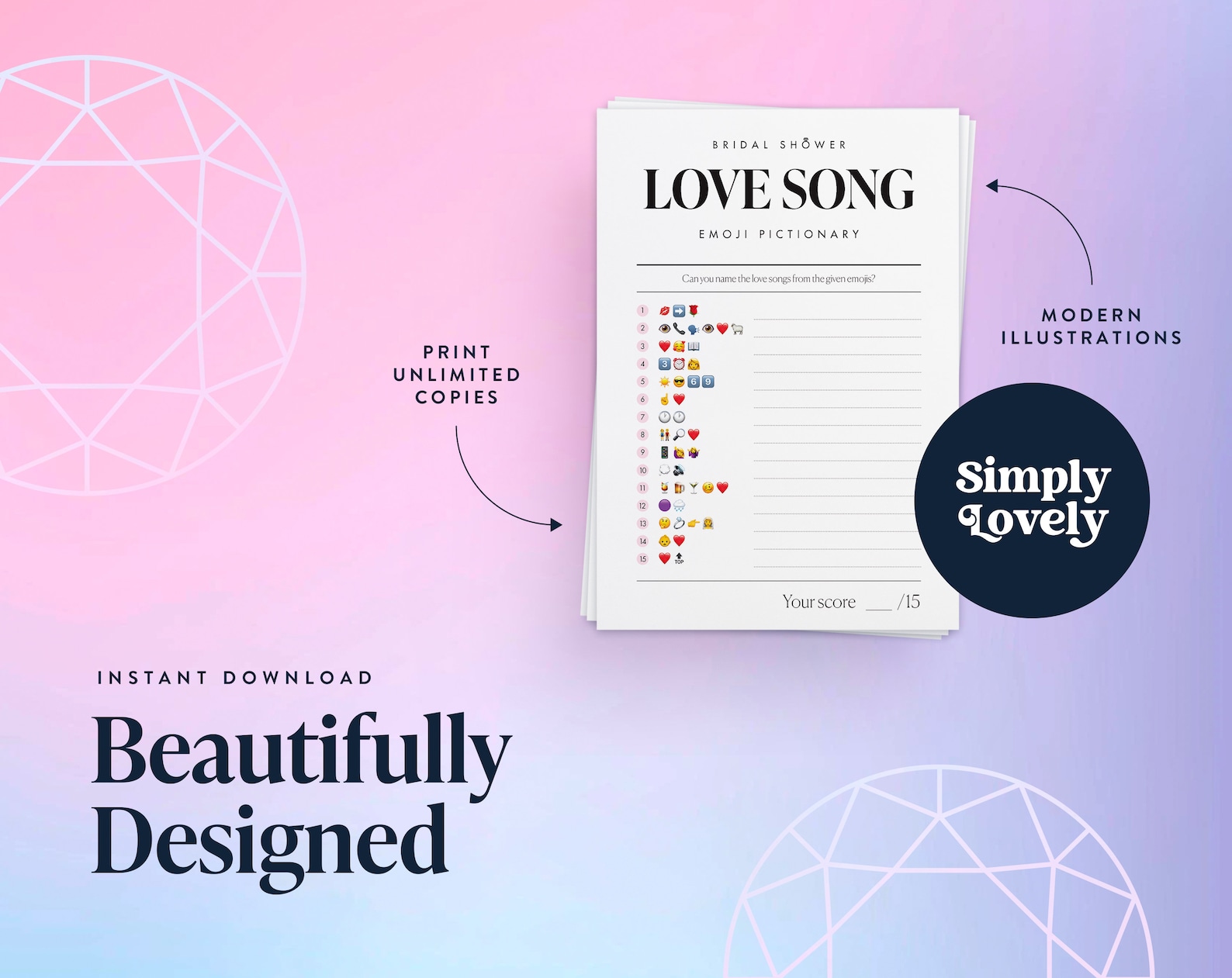 Bridal Shower Love Song Emoji Pictionary Game | Modern Shower Games ...