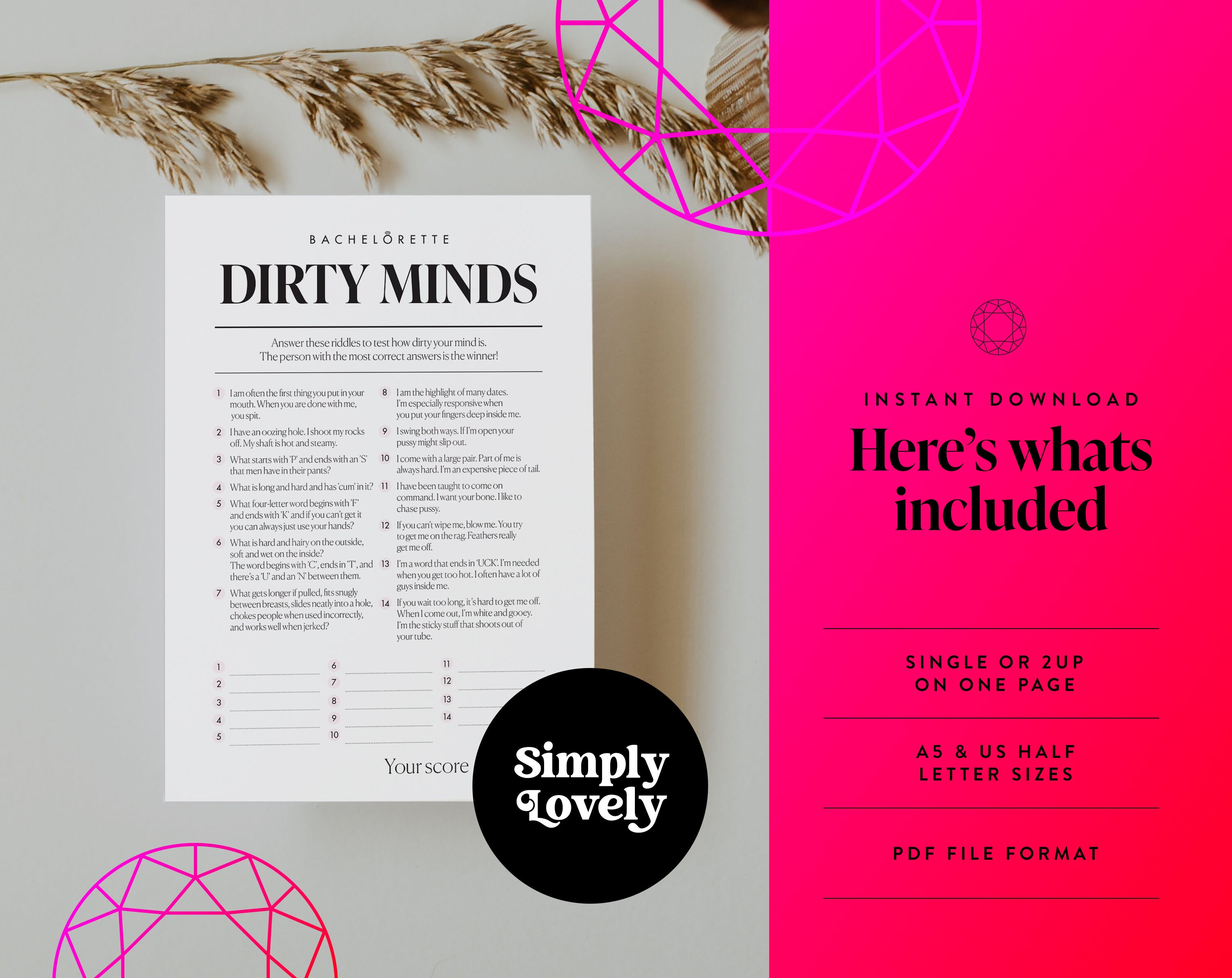 Bachelorette Party Dirty Minds Game | Dirty Minds Quiz | Modern ...