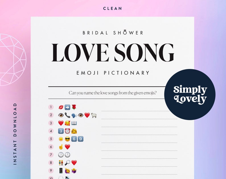 Bridal Shower Love Song Emoji Pictionary Game | Modern Shower Games ...