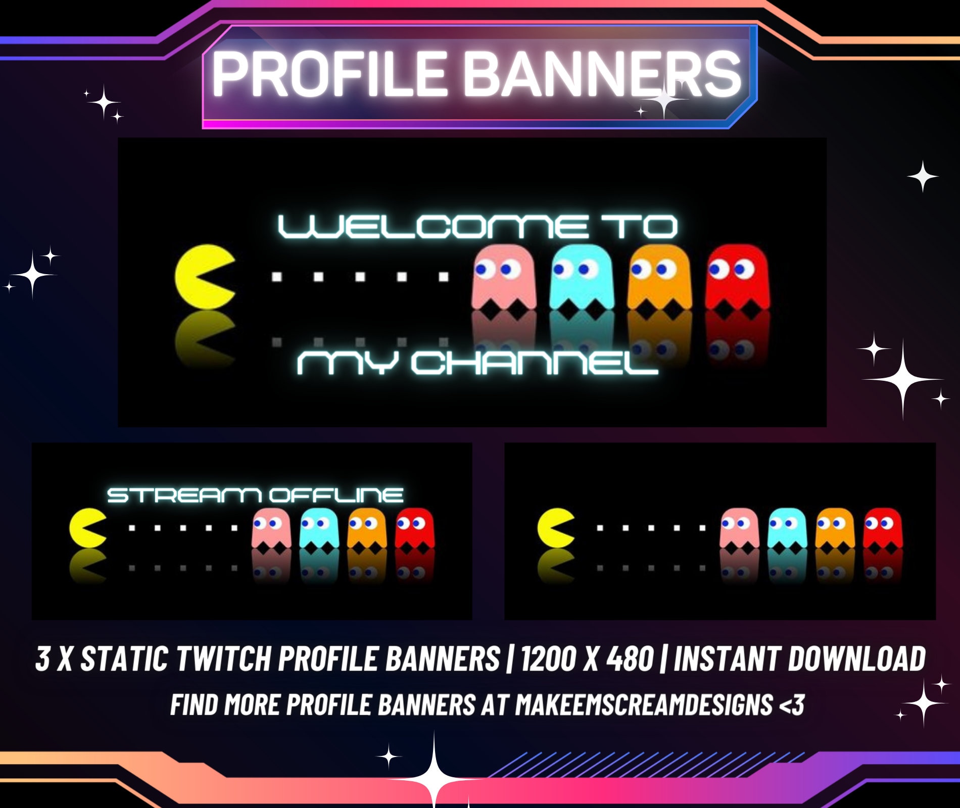 Pacman Twitch Profile Banner, Kawaii Gaming Streamer (digital Download ...