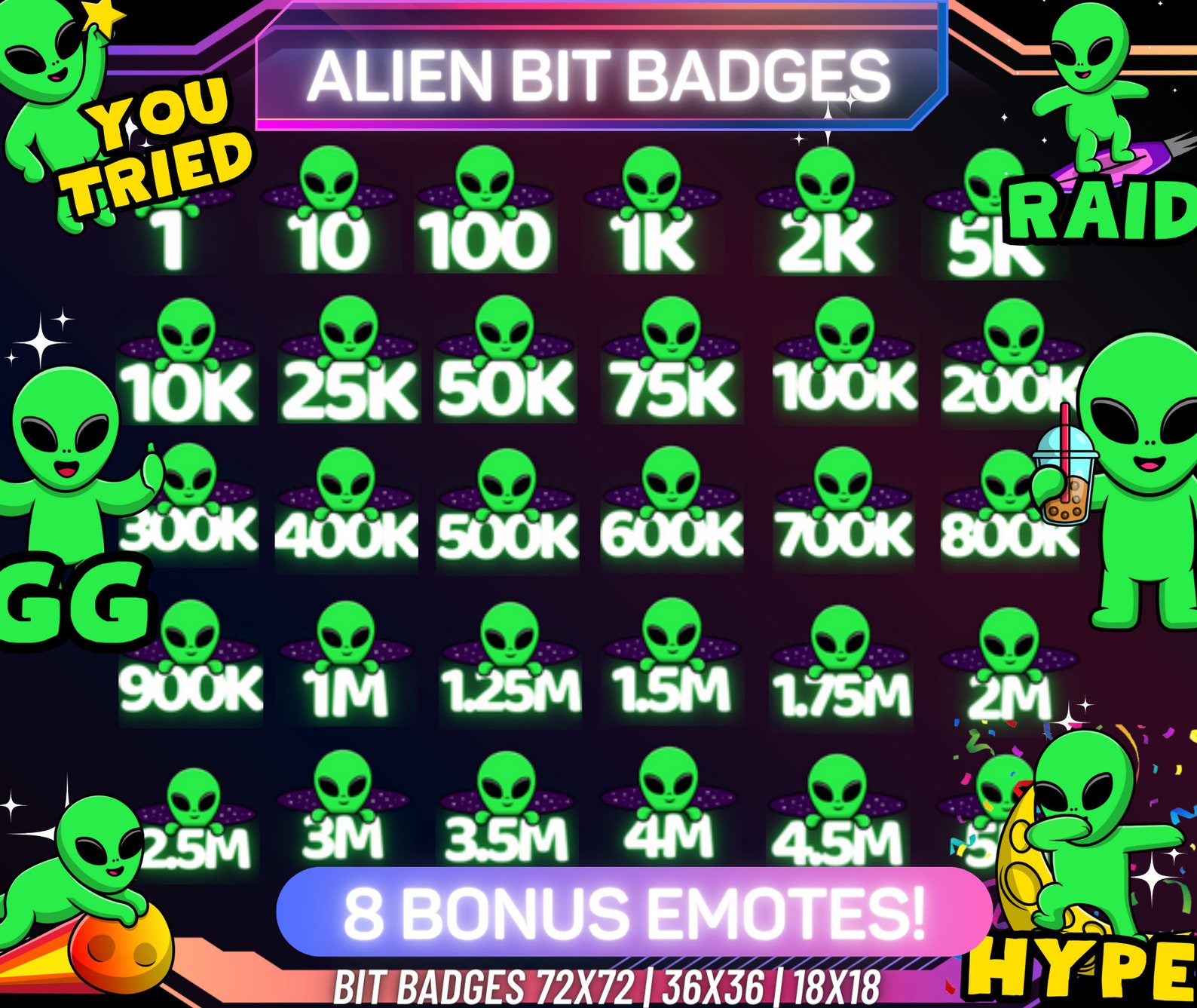 30 X Cute Alien Twitch Bit Badges, Twitch Bit Badges, Alien Twitch Bit ...