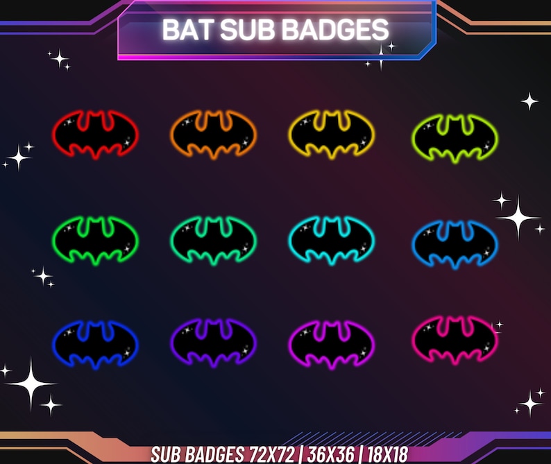 12 X Neon Bat Twitch Sub Badges Twitch Tier Badges Neon Sub Badges ...
