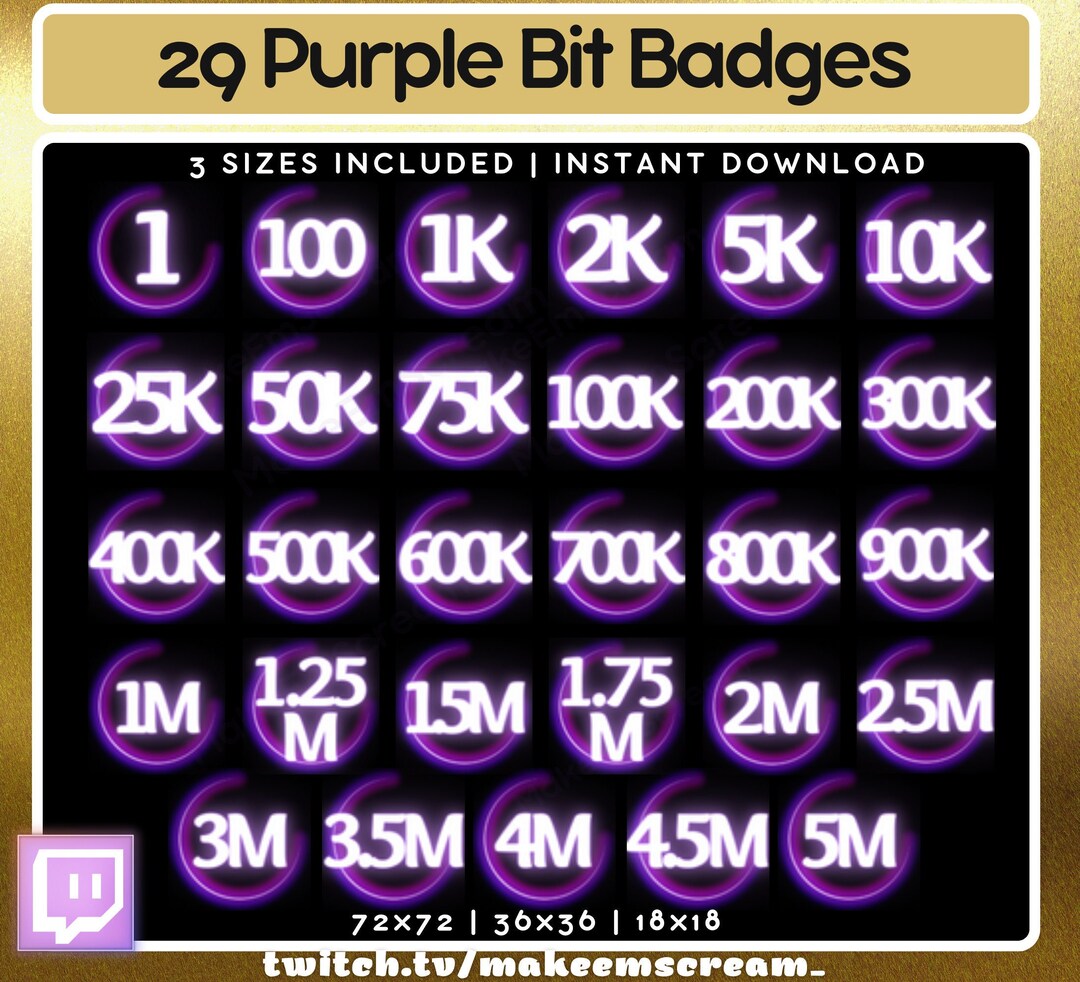 COMPLETE SET! 29 X Neon Purple Twitch Bit Badges | Twitch Badges ...