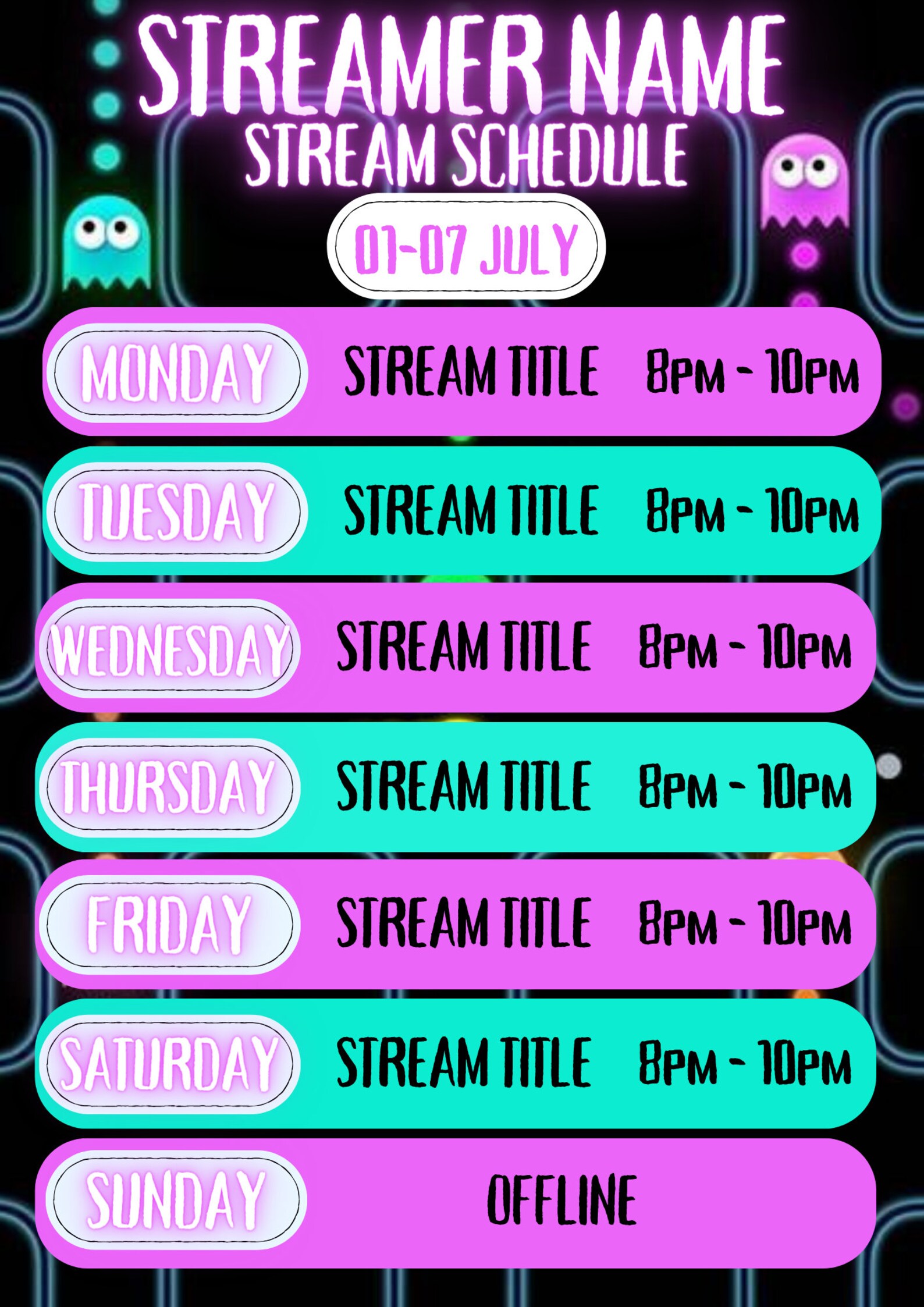STREAM SCHEDULE Template, Pacman Stream Schedule, Social Media Stream ...