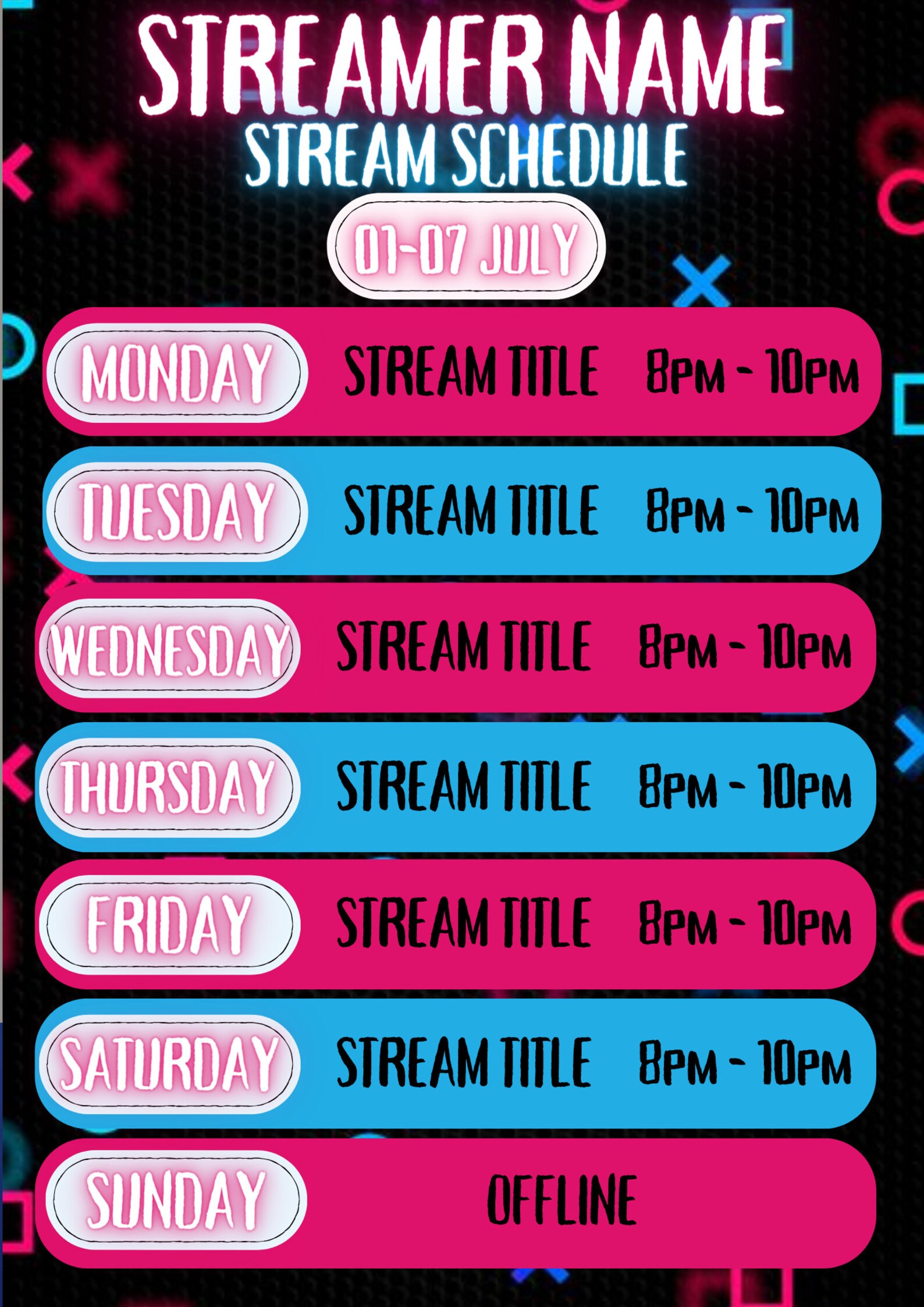 STREAM SCHEDULE Template, Neon PS Stream Schedule, Social Media Stream ...