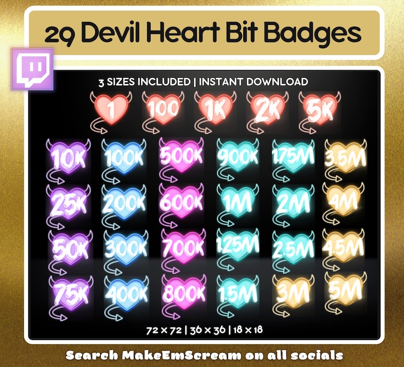 COMPLETE SET 29 X Neon Devil Heart Twitch Bit Badges Twitch Badges Neon ...