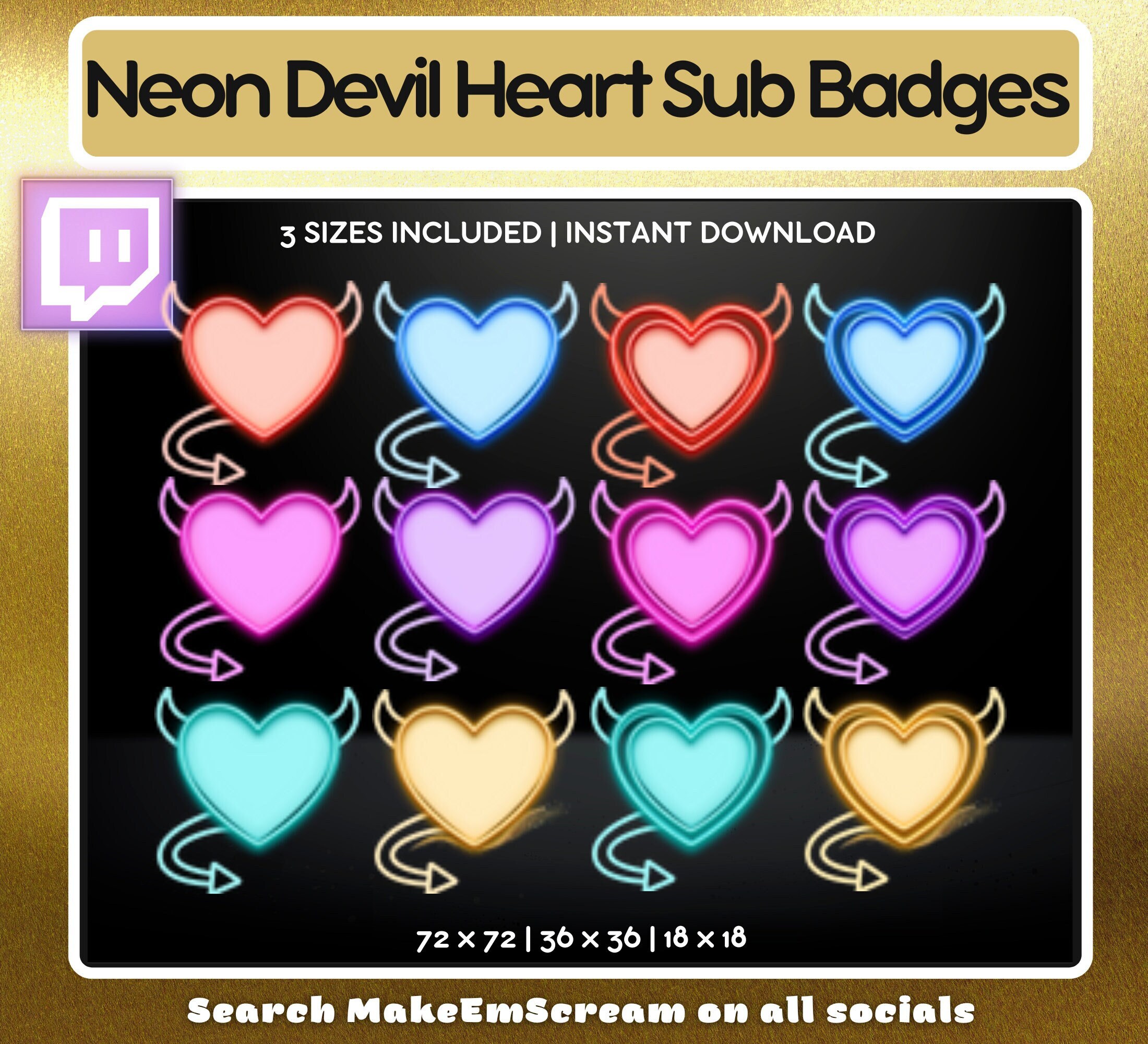 12 X Neon Devil Heart Twitch Sub Badges Twitch Sub Badges Twitch Tier ...