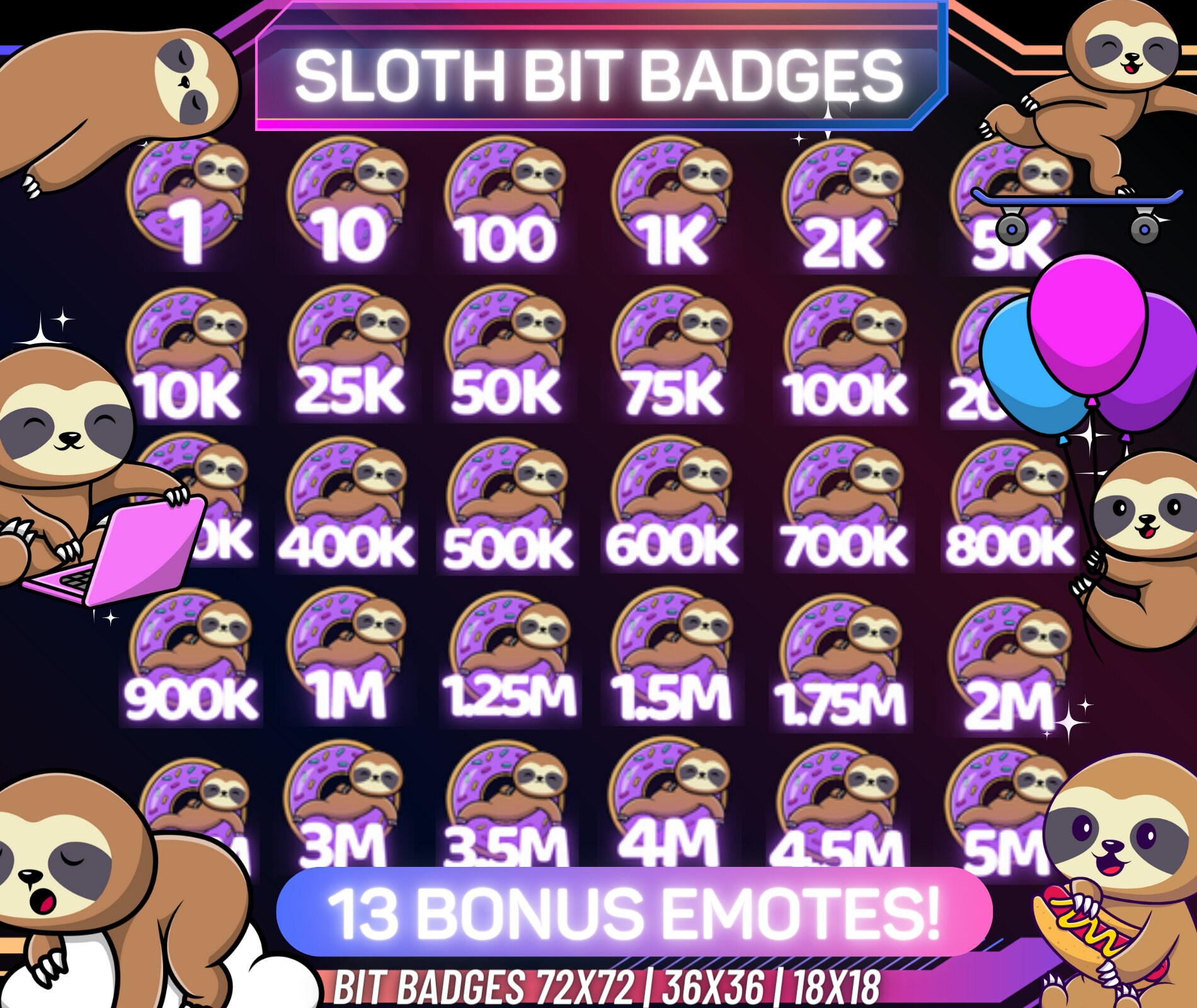30 X Cute Sloth Twitch Bit Badges, Twitch Bit Badges, Sloth Twitch Bit Badges, Cute Twitch Bit ...
