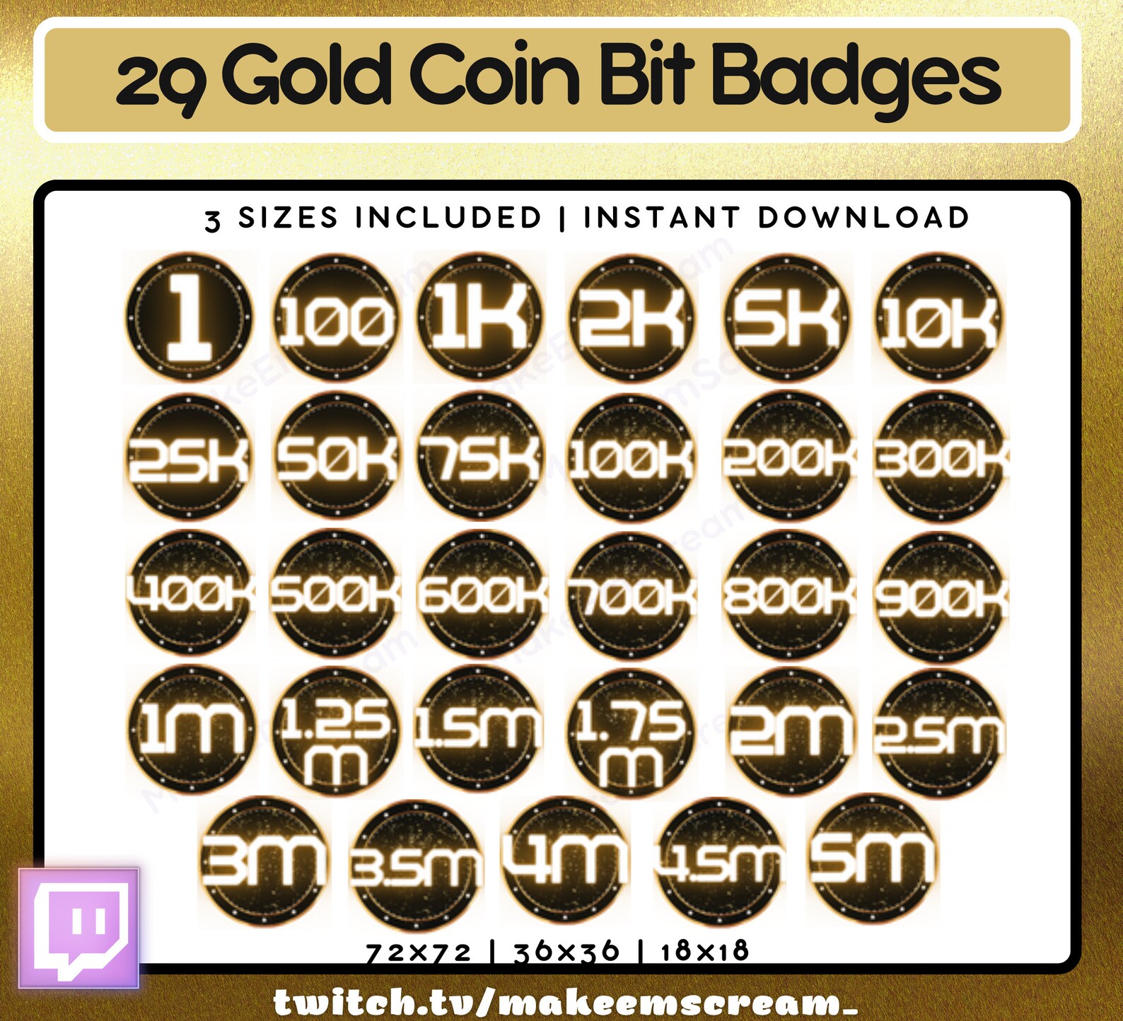 COMPLETE SET 29 X Gold Coin Twitch Bit Tier Badges Twitch Badges Tier ...
