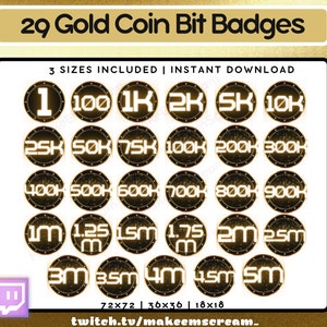 COMPLETE SET! 29 X Gold Coin Twitch Bit Tier Badges | Twitch Badges ...