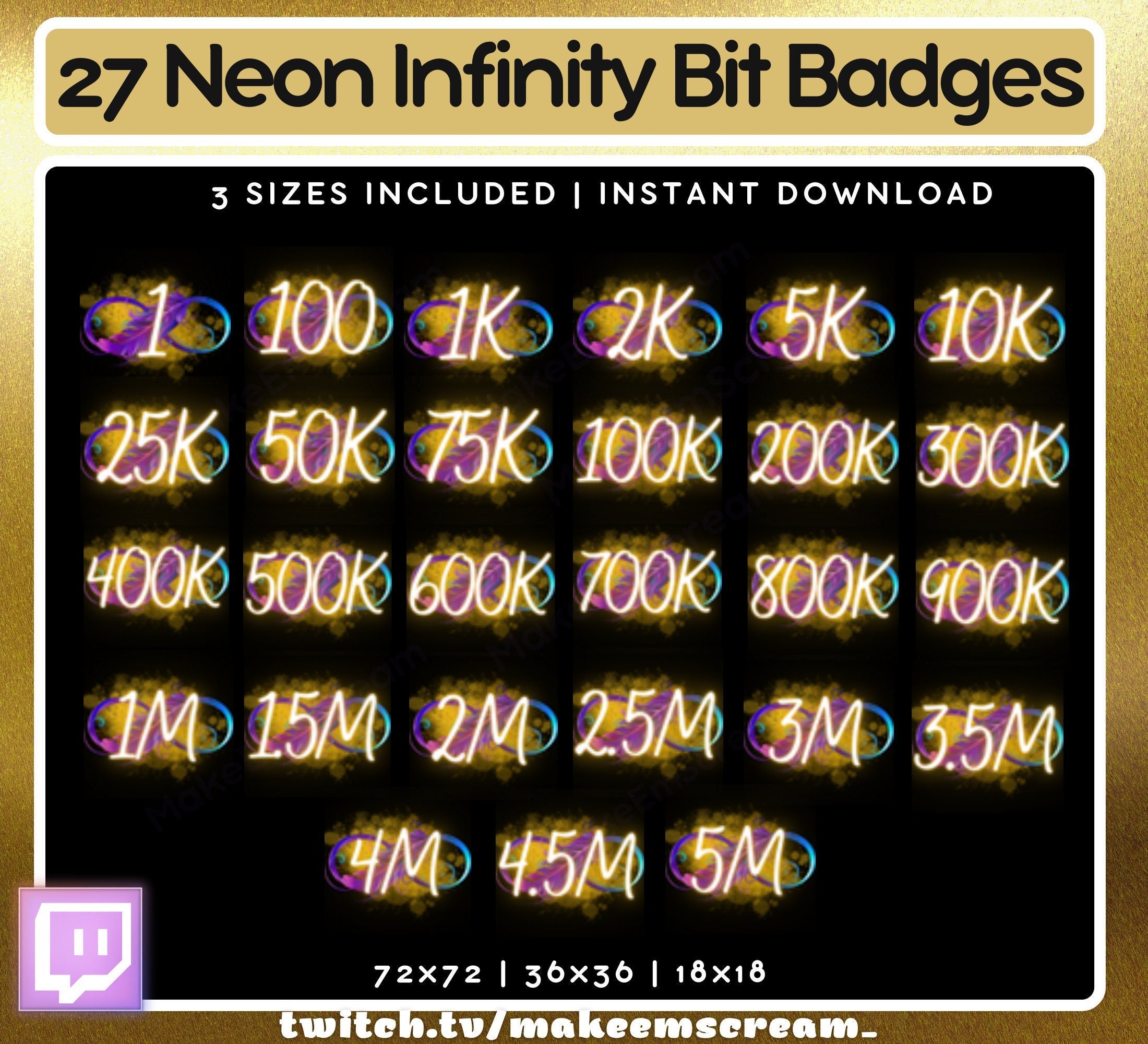27 X Neon Infinity Twitch Bit Badges Twitch Tier Badges Cute Bit Badges ...