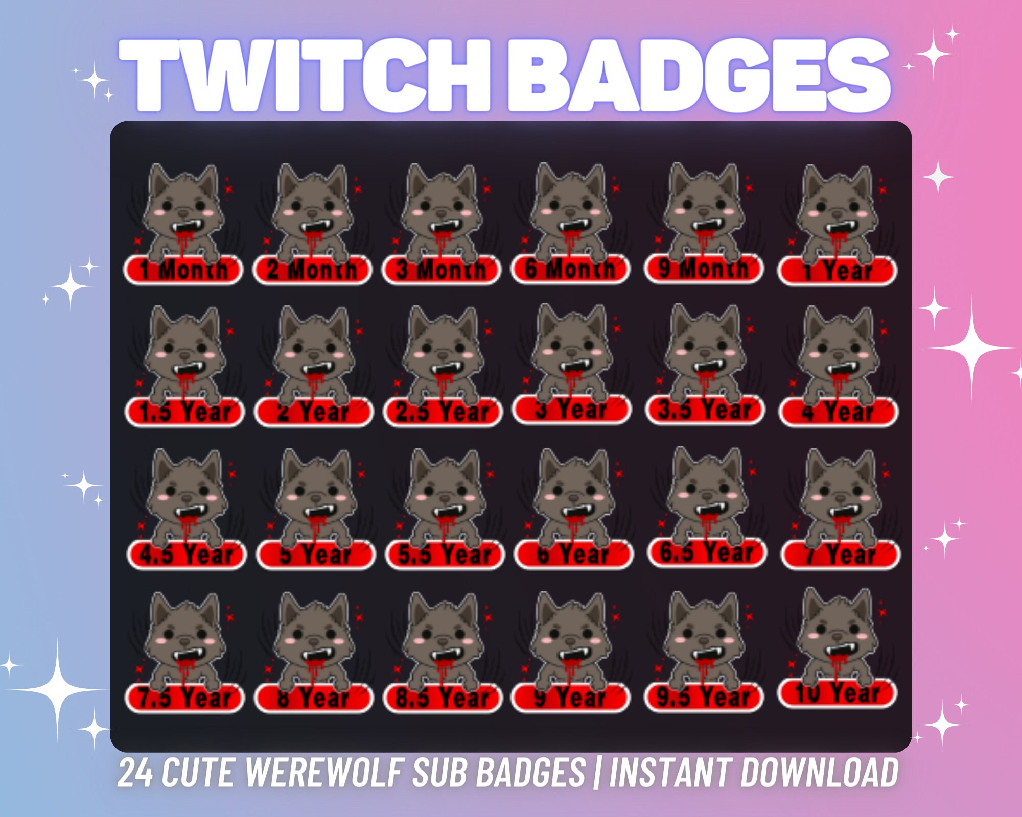 COMPLETE SET 24 X Cute Werewolf Sub Badges Complete Twitch - Etsy