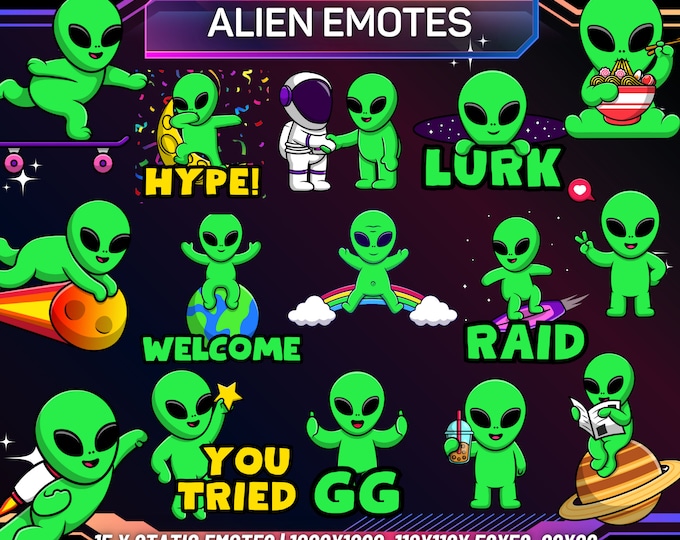 Alien Twitch Emotes, Cute Alien Emotes, UFO Emotes, Astronaut Discord ...