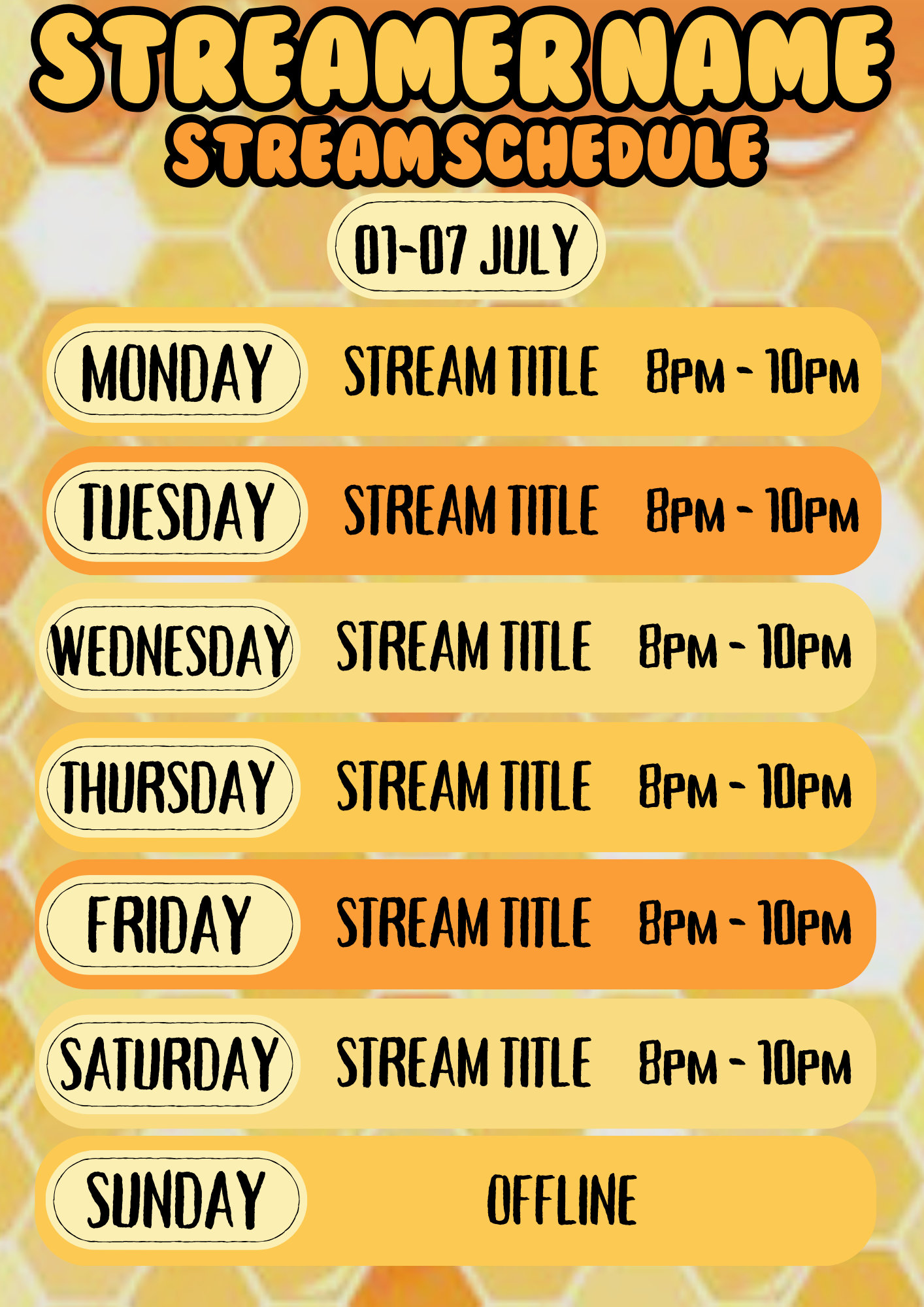 STREAM SCHEDULE Template Honeycomb Stream Schedule Social - Etsy