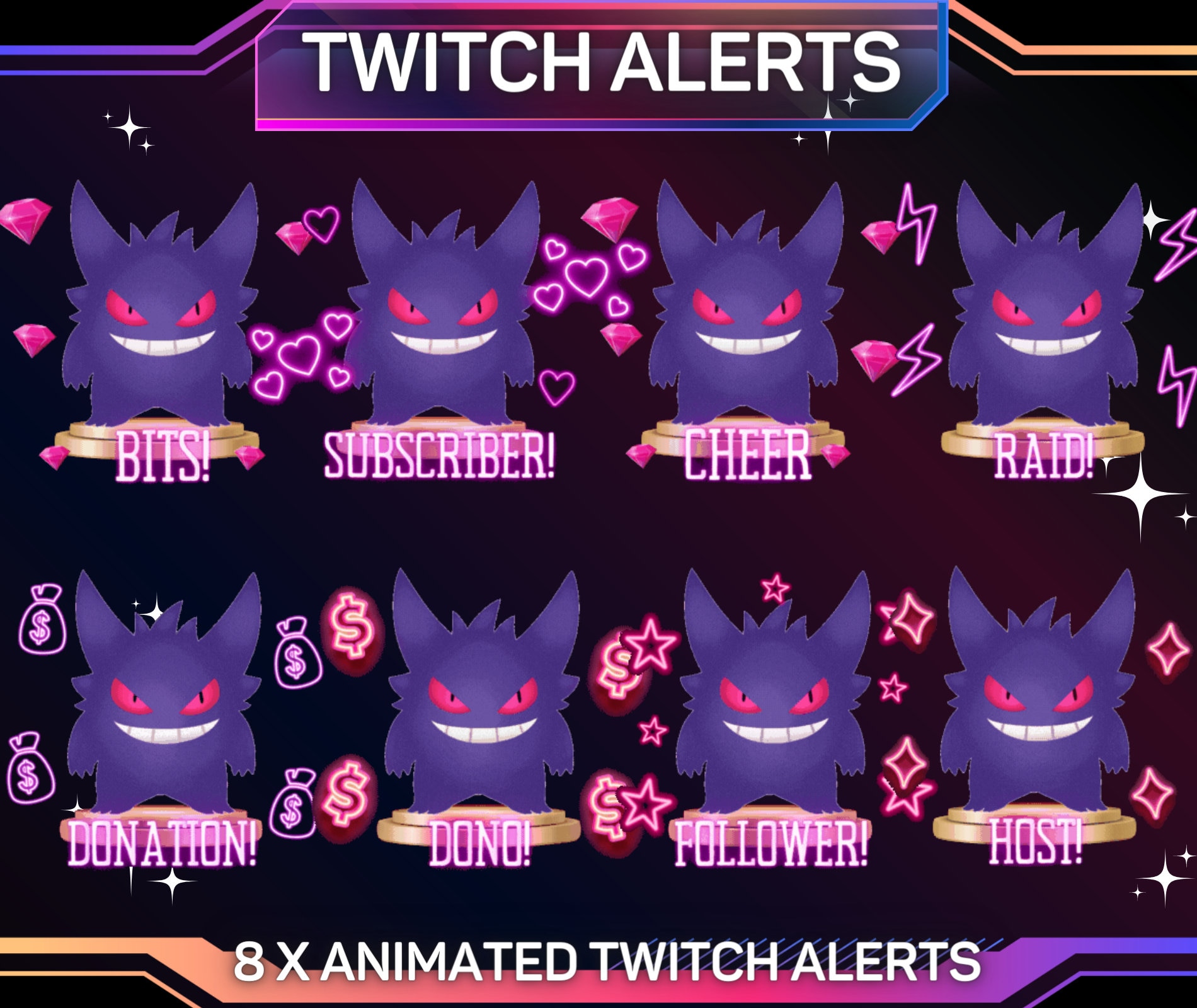 8 X Cute Gengar Animated Twitch Alerts, Gengar Twitch Alerts, Pokemon ...