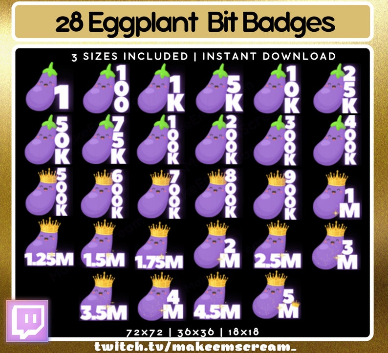 COMPLETE SET 28 X Cute Eggplant Twitch Bit Badges Cute Twitch Badges ...