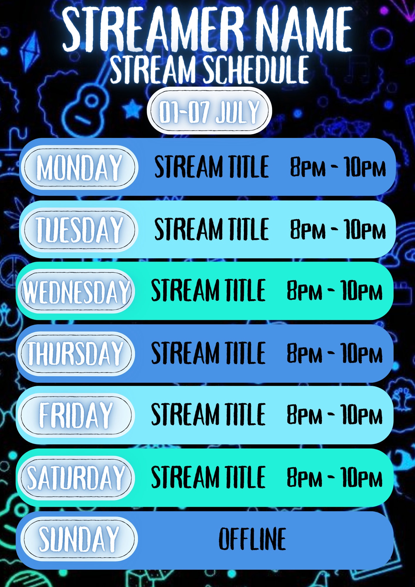 STREAM SCHEDULE Template, Neon Blue Green Stream Schedule, Social Media ...