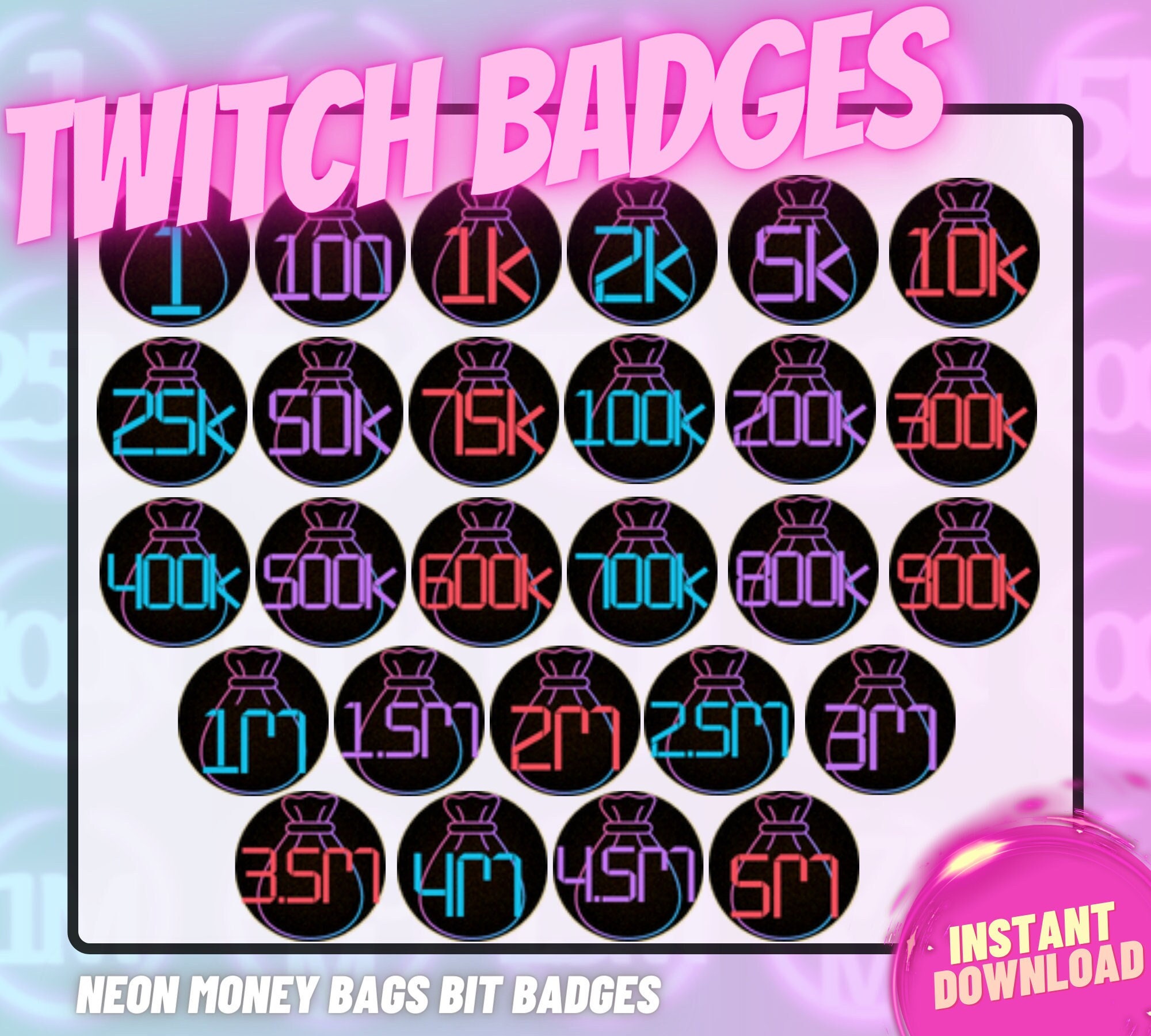 27 X Neon Moneybag Bit Badges Complete Twitch Bit Badges Set Twitch ...