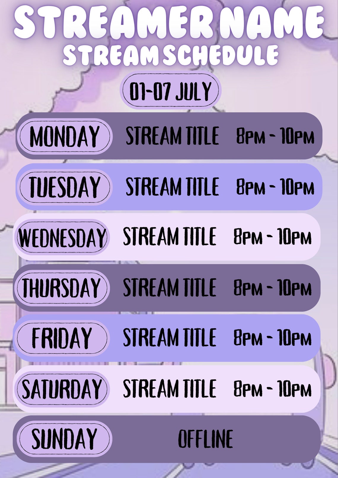 STREAM SCHEDULE Template, Purple Highway Stream Schedule, Social Media ...