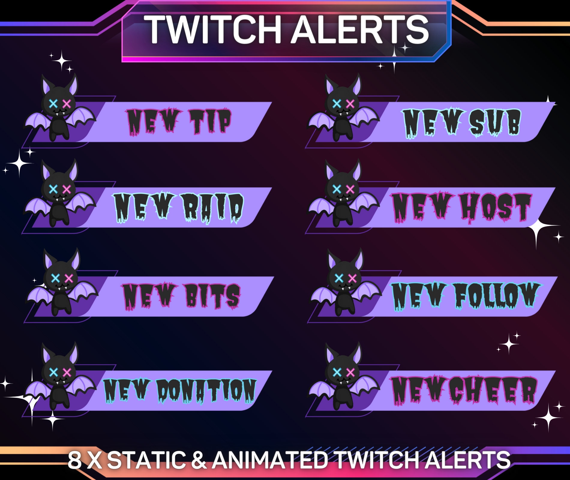 8 X Cute Bat Animated Twitch Alerts | Spooky Twitch Alerts | Twitch ...