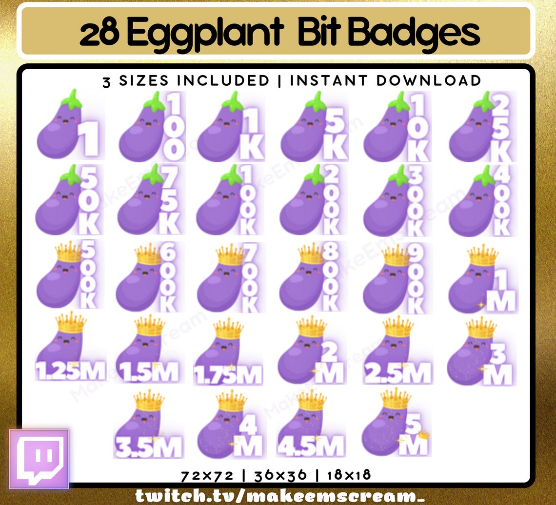 COMPLETE SET 28 X Cute Eggplant Twitch Bit Badges Cute Twitch Badges ...