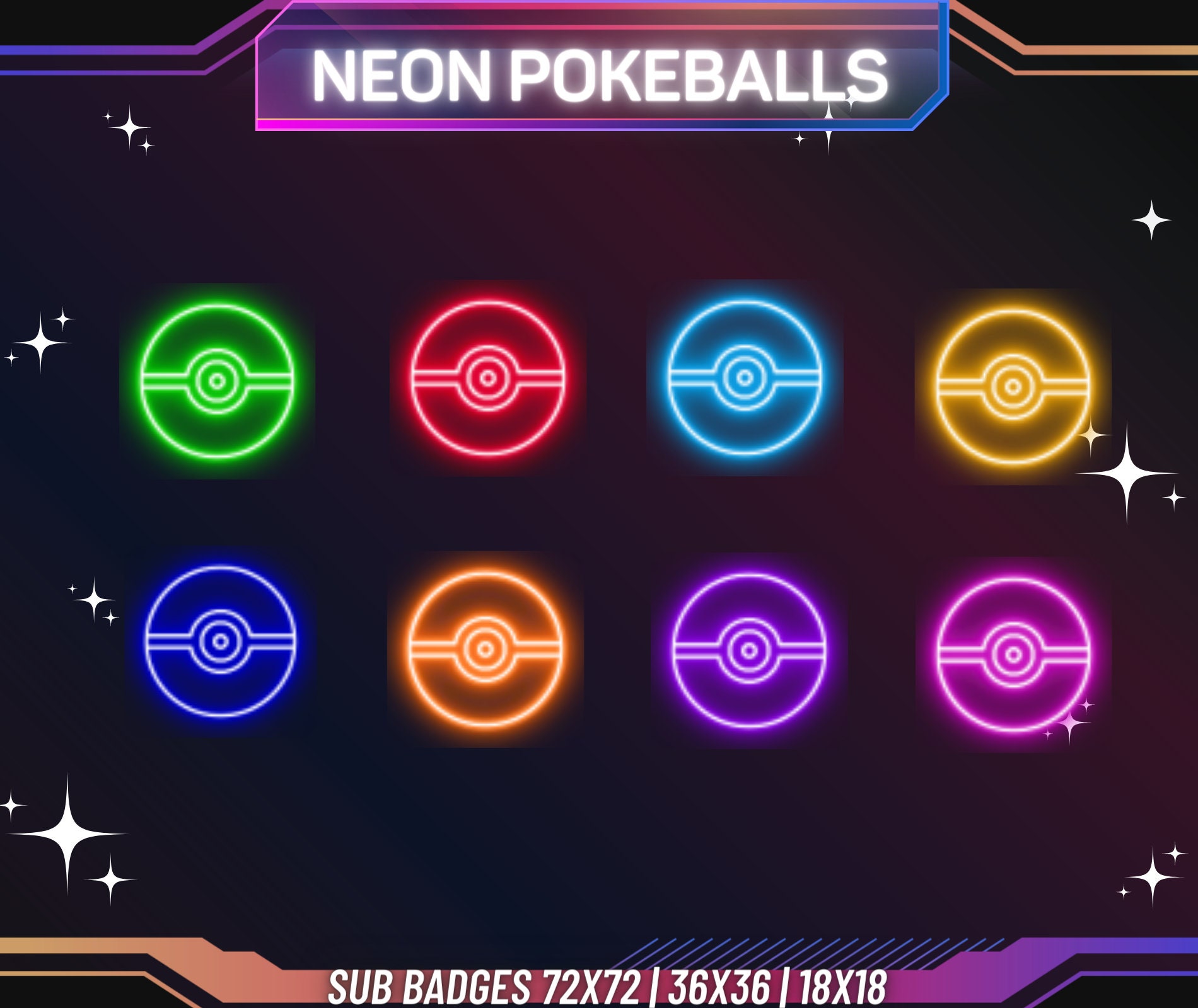 8 X Neon Pokeball Twitch Sub Badges | Twitch Tier Badges | Pokemon Sub ...