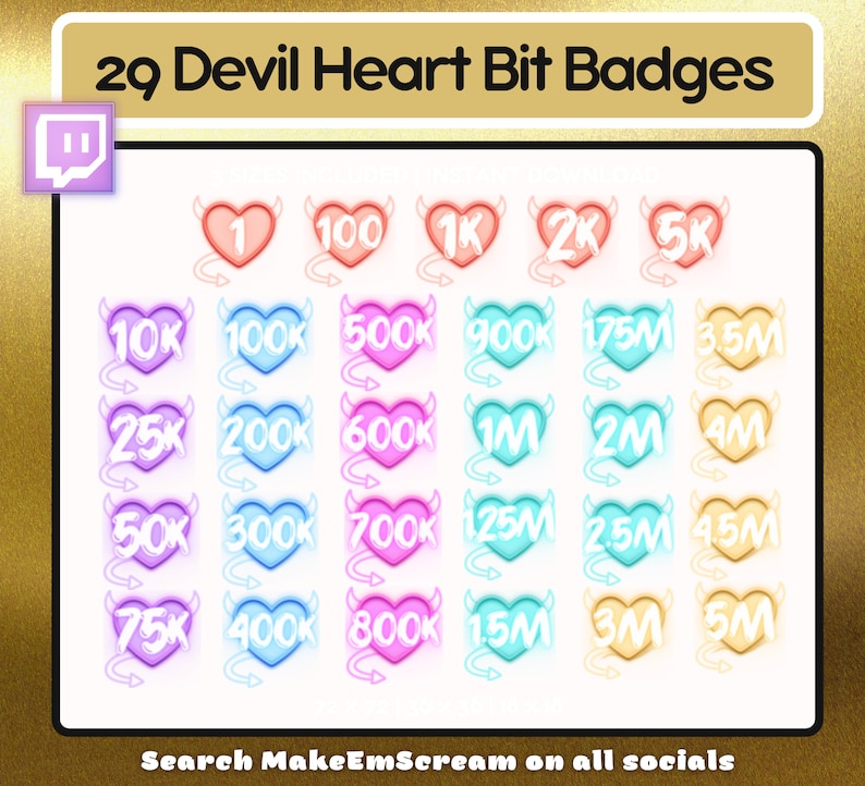 COMPLETE SET 29 X Neon Devil Heart Twitch Bit Badges Twitch Badges Neon ...